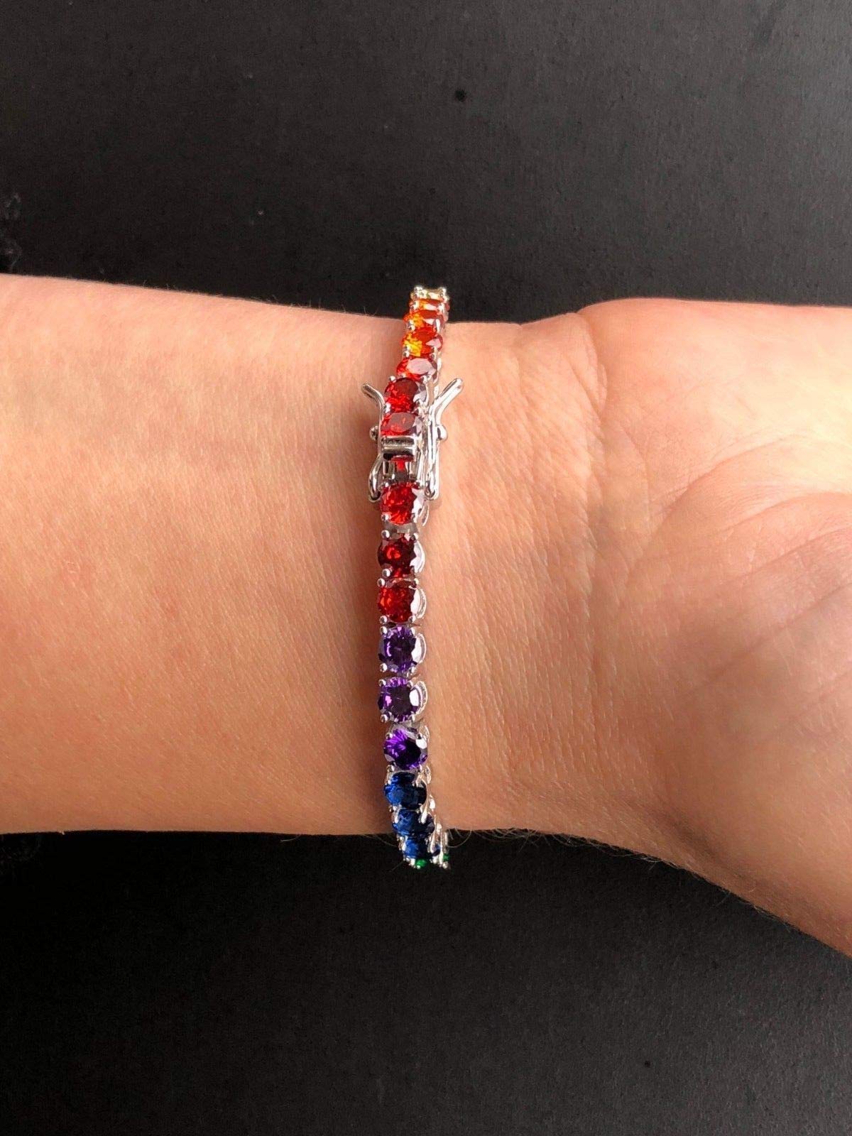 HarlemBling Real Solid 925 Sterling Silver Mens Or Womens Multi Colored Tennis Bracelet - 4mm Rainbow CZ - 6-9" (7.5)