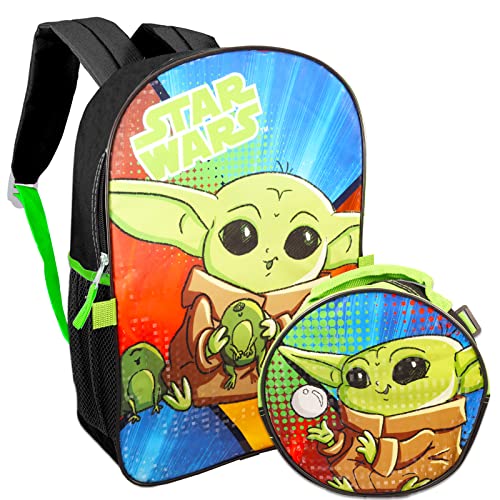 Star Wars Backpack for Boys 8-12 - Bundle with 16โ Mandalorian Backpack, Baby Yoda Lunch Box, Stickers | Star Wars School Backpack for Boys