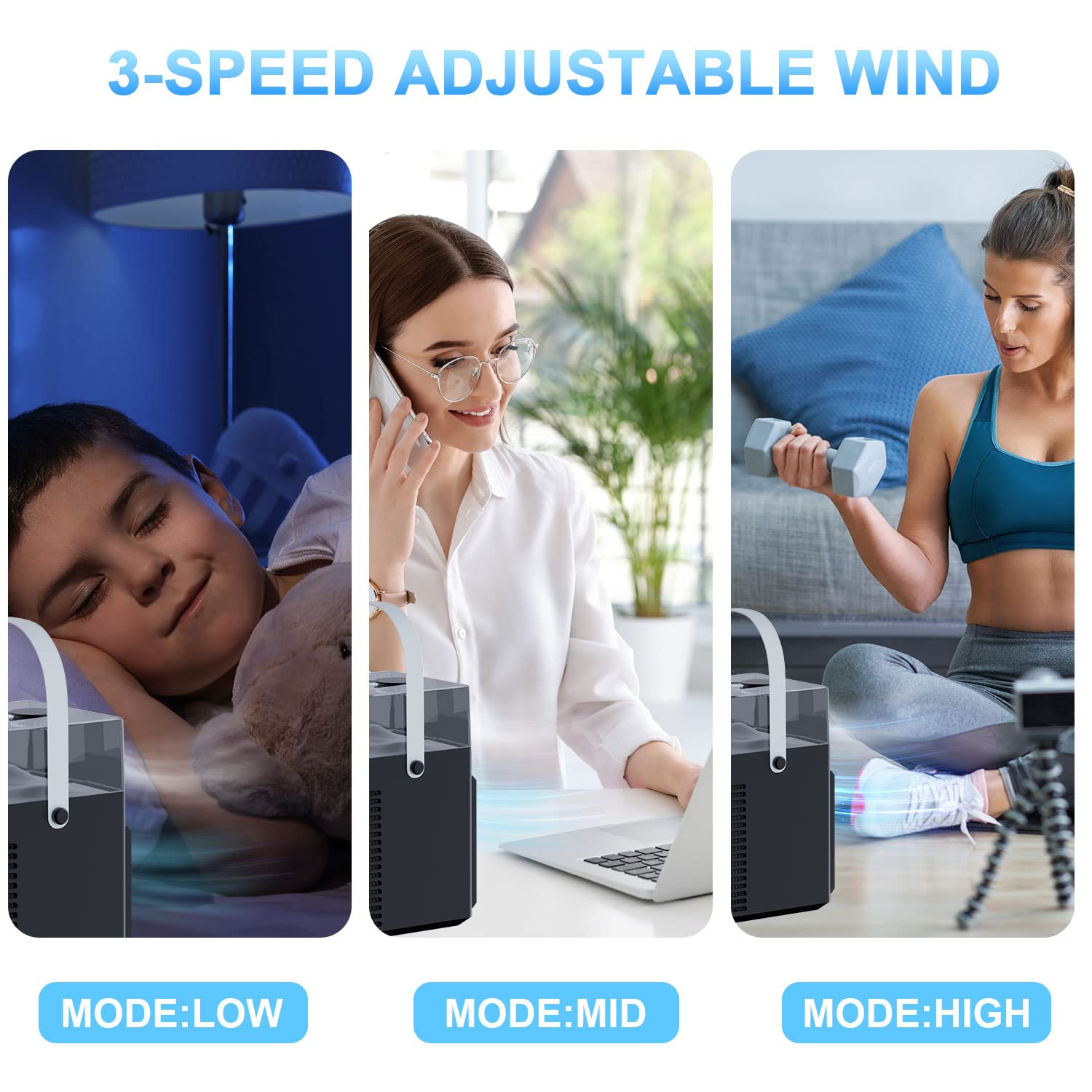 GROMOO Desktop Air Cooler Fan, 4 in1 Personal Mini Air Conditioner Air Cooler, Small Air Conditioner Evaporative Cooler with Handle, LED Light, Quiet Portable Cooler Personal AC Humidifier for Office