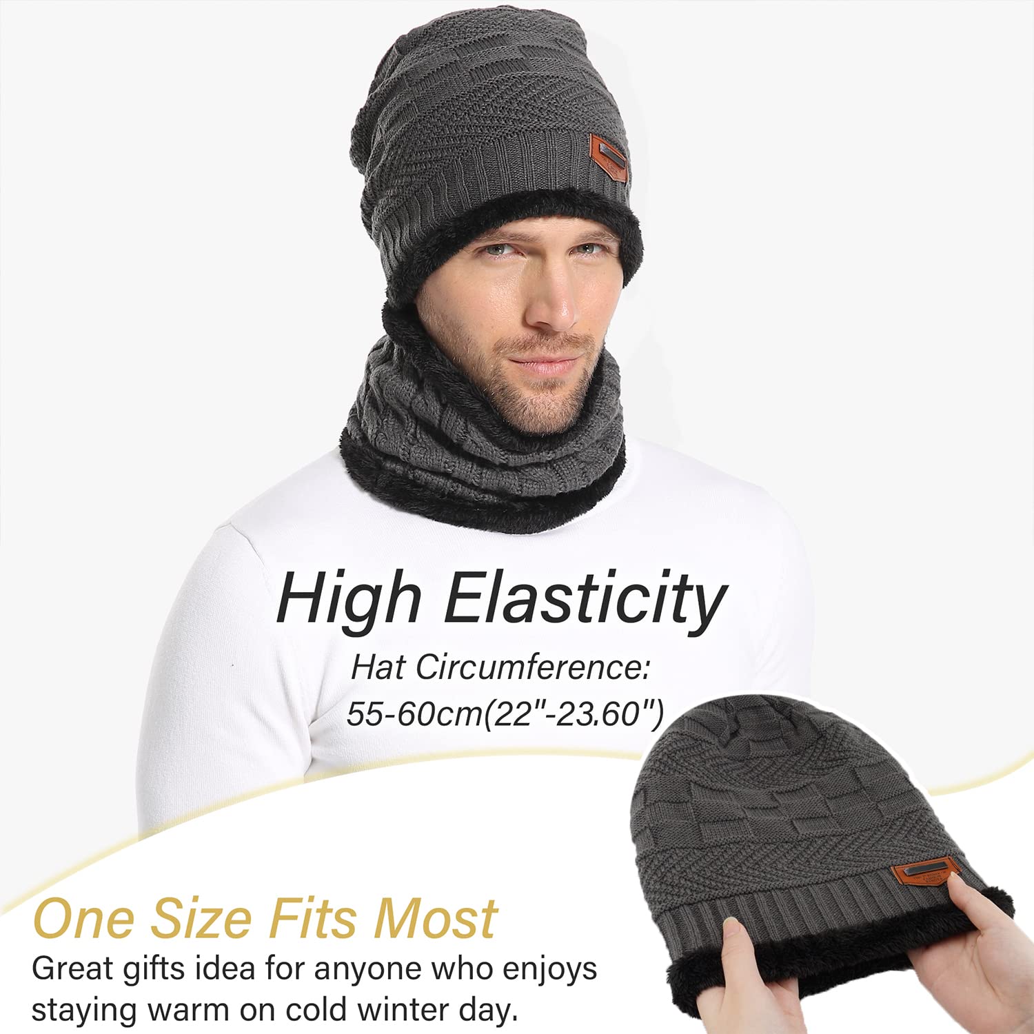 FZ FANTASTIC ZONE Mens Womens Winter Beanie Hat Scarf Set Warm Knit Thick Fleece Lined Skull Cap Neck Warmer for Men Women Dark Grey