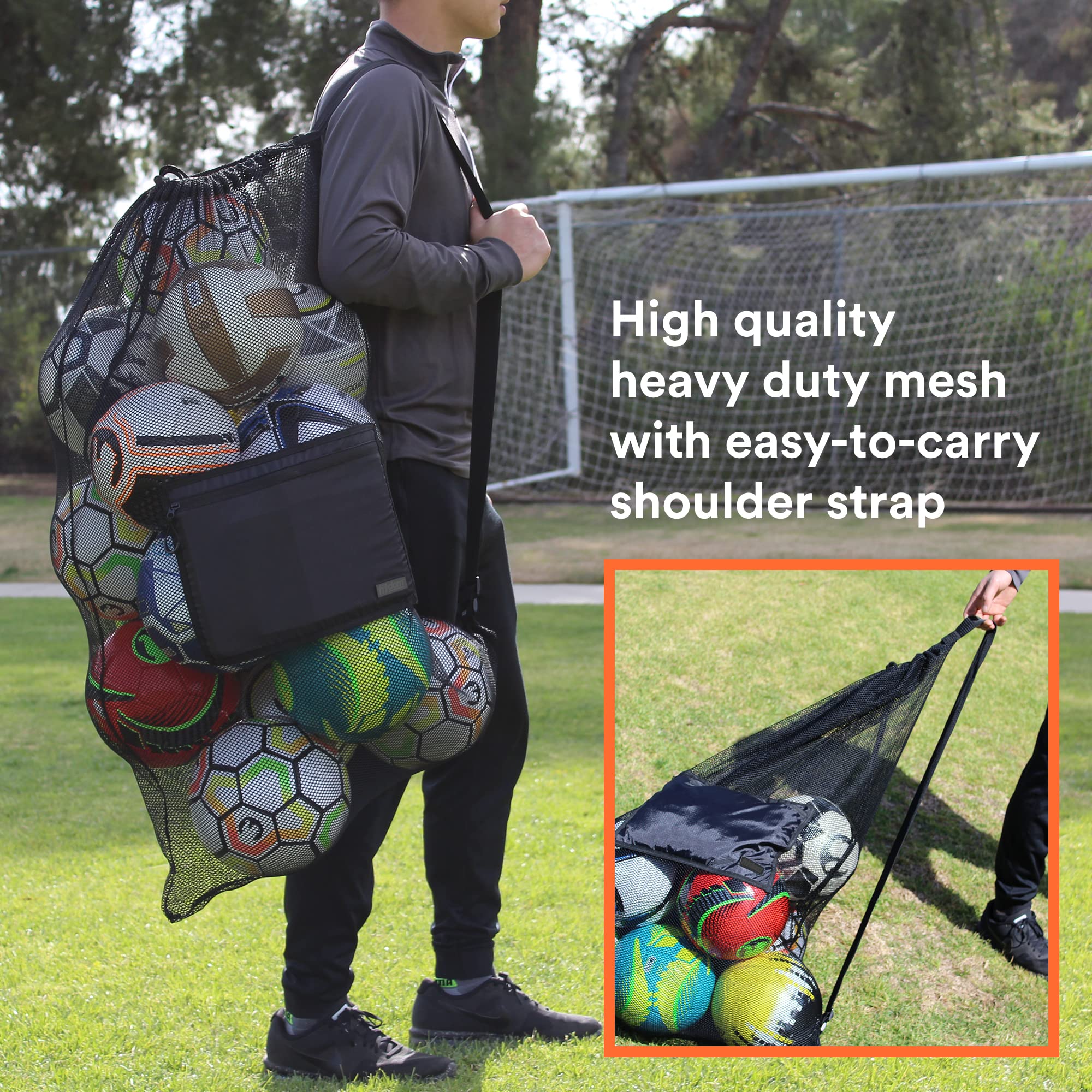 Fitdom Extra Large Heavy Duty Mesh Bag. Best for Soccer Ball, Water Sports, Beach Cloth, Swimming Gears. Adjustable Shoulder Strap. Secure Side Pocket