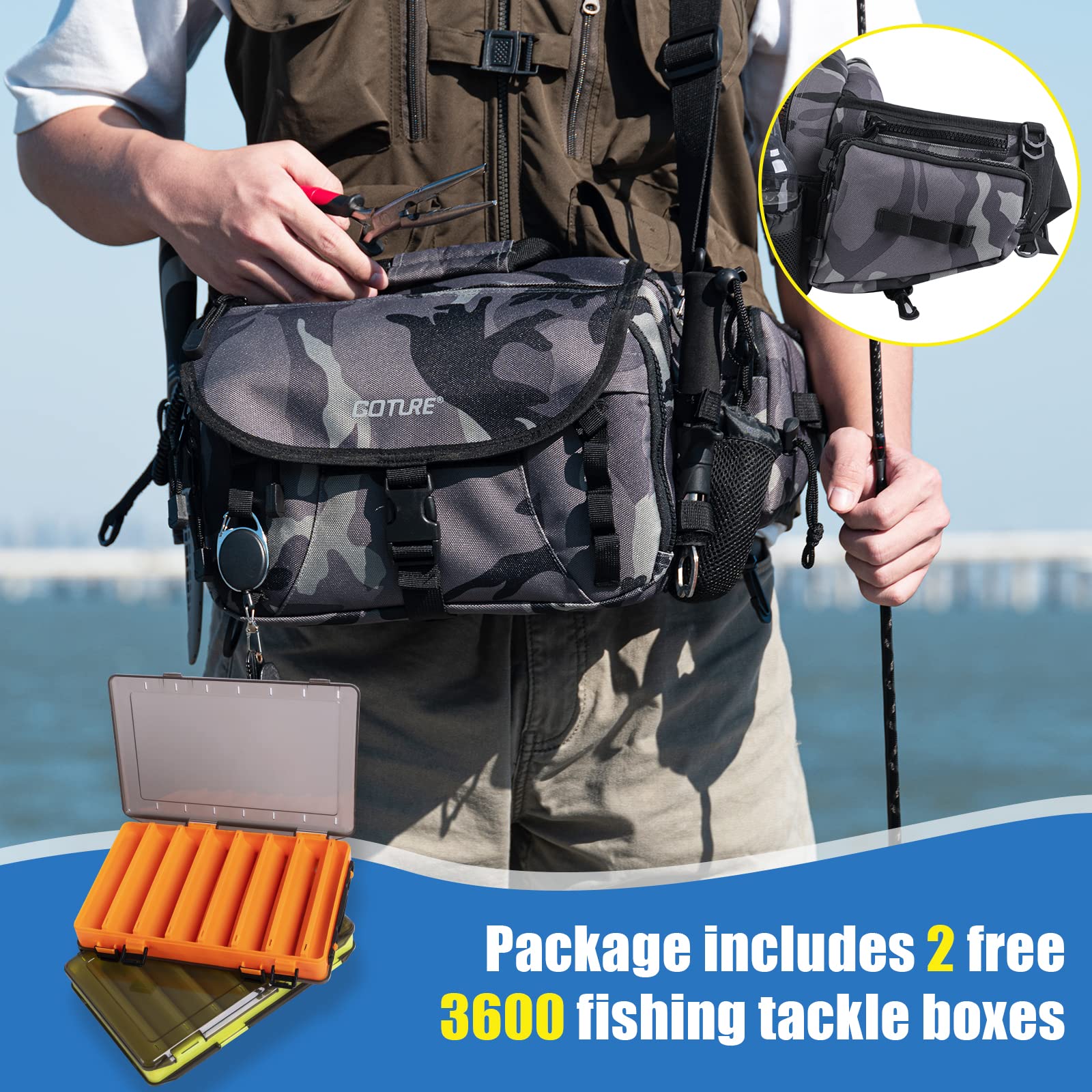 Goture Fishing Tackle Bag, Water-Resistant Polyester Material Fishing Tackle Storage Bag with Padded Shoulder Strap and