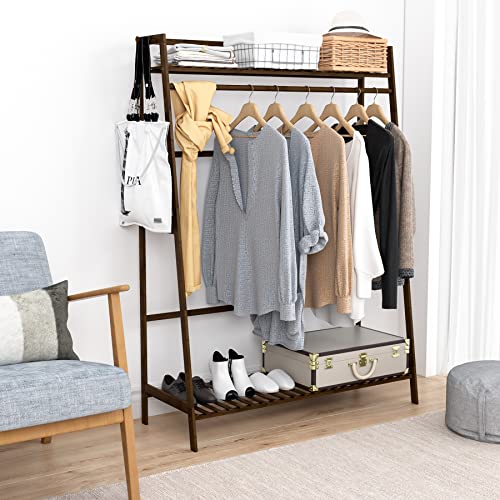 UDEAR Bamboo Clothing Rack with Shelves,Freestanding Garment Rack,Hanging Clothes Rack for Bedroom,Large(Brown)