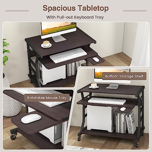 Tangkula Mobile Computer Desk with Keyboard Tray, Portable Small Rolling Desk with Mouse Tray & Bottom Storage Shelf, Rolling Laptop PC Desk Cart with Lockable Wheels for Small Space (Brown)
