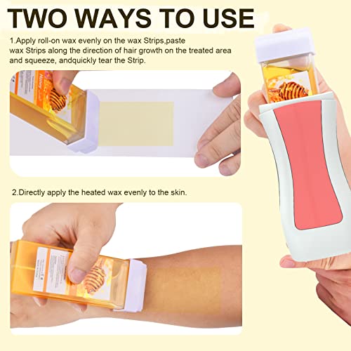 Roll On Wax Kit for Hair Removal, Honey Wax Roller Waxing Kit for Sensitive Skin at Home, Depilatory Soft Wax Warmer with 2 Cartridge Refill 10 Wax-removing wipes and 100pcs Wax Strips(Pink)