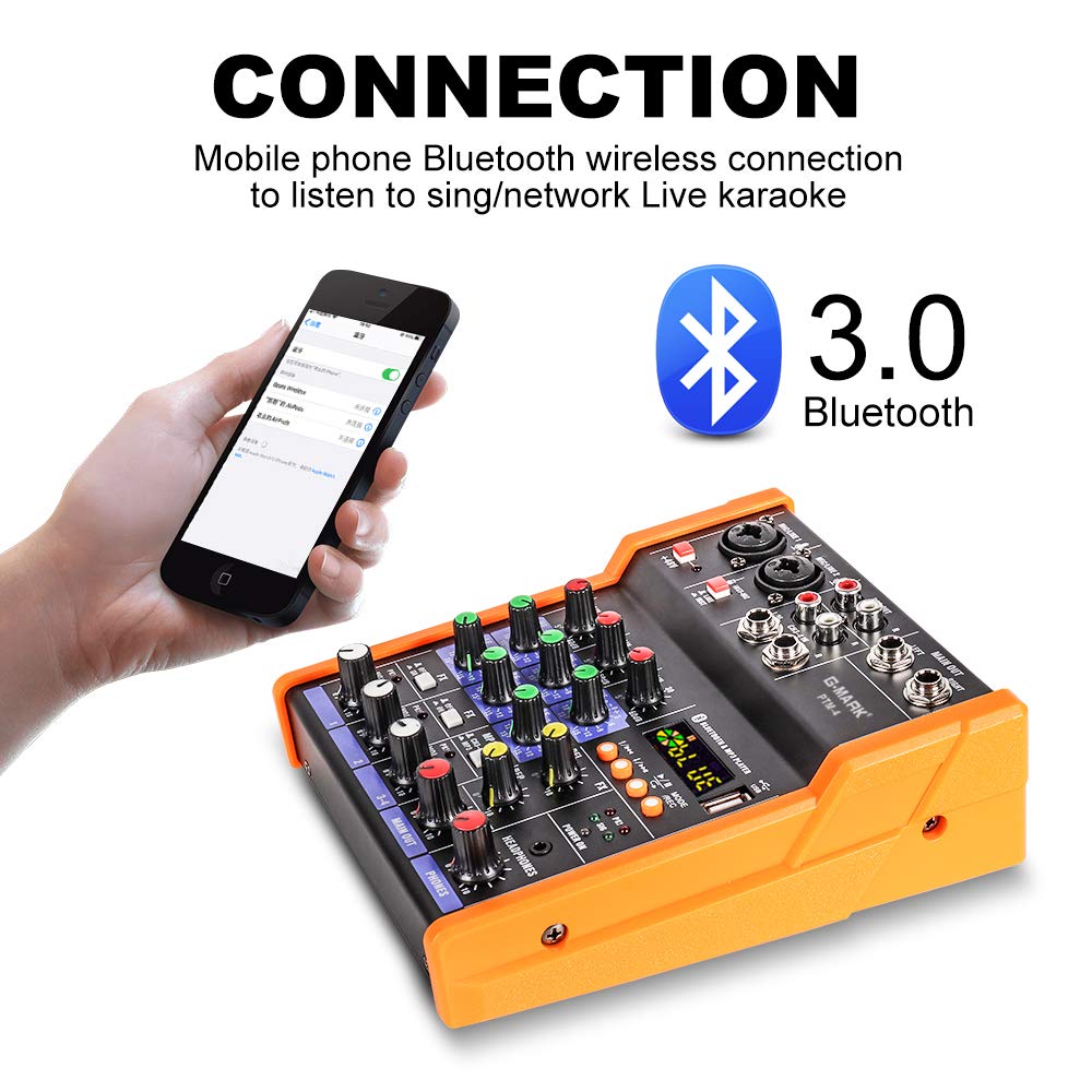 G-MARK PTM-4 4-Channel DJ Mixer, Bluetooth, USB Audio Interface, 3-Band EQ, Phantom Power, for PC, Karaoke, Live Performance, KTV, Studio Recording