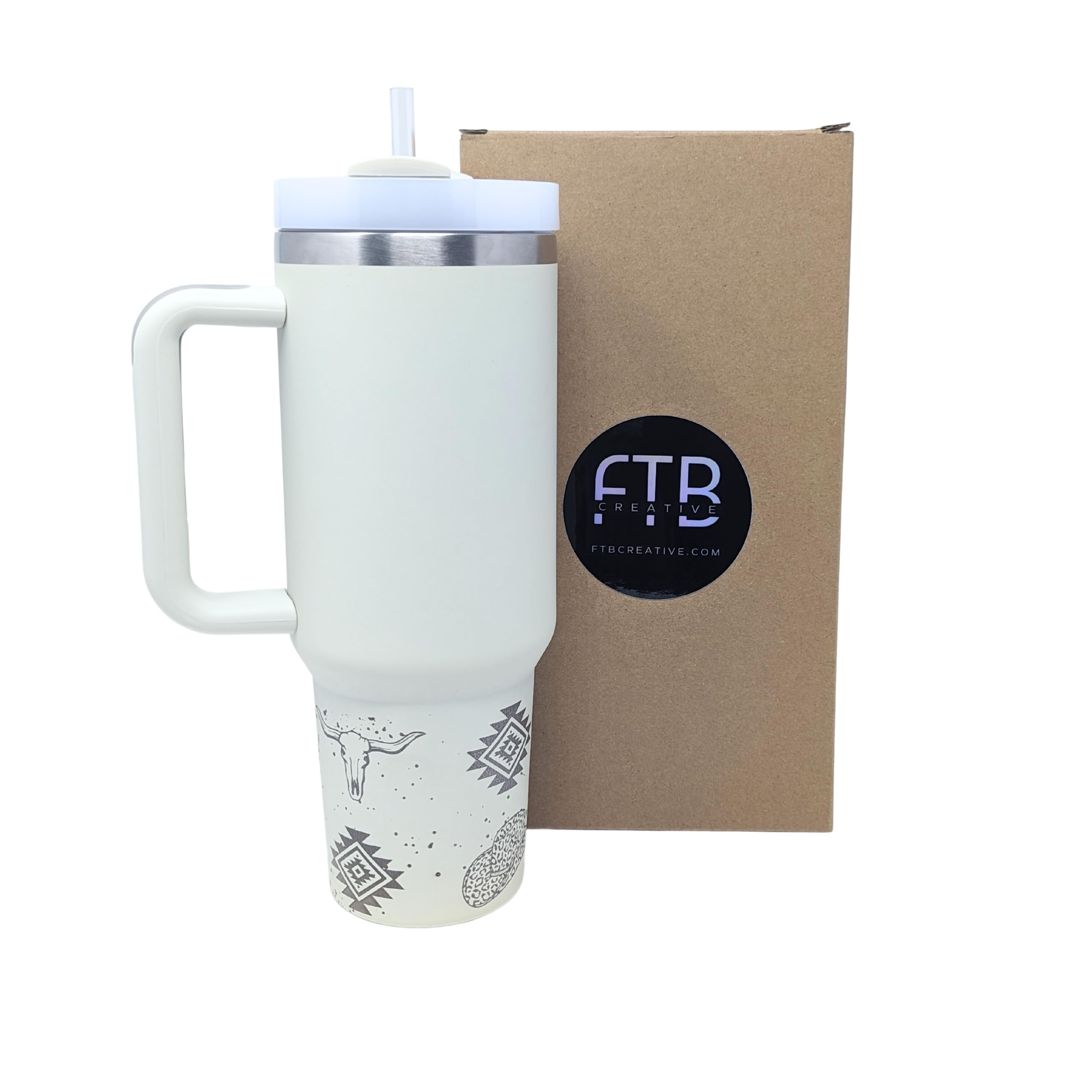 FTB Creative 40oz Custom Designed Soft Matte Tumbler, Double Wall Stainless Steel, with Lid and Straw (Desert Western, Iced)