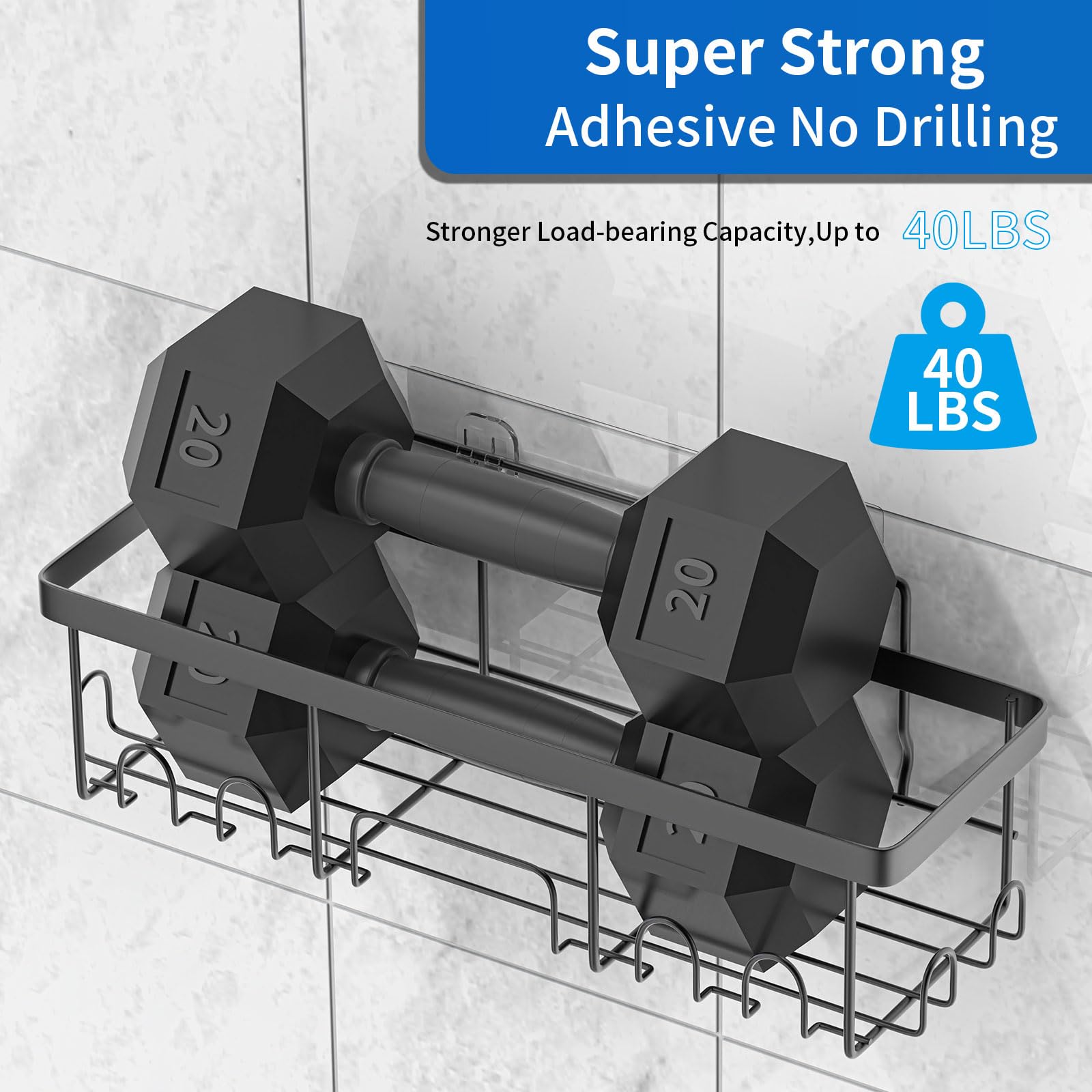 UenCirbsk Adhesive Shower Caddy,Extra Large Bathroom Shelves,2 Pack Shower Organizer,No Drilling Floating Shelves For Wall, Black shelves easy to install for Bathroom Storage & Home Decor