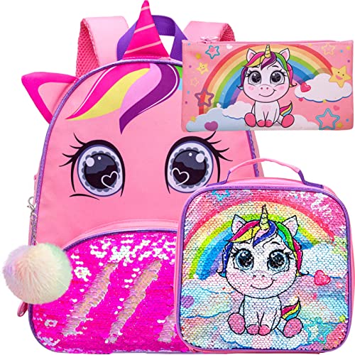 UFNDC Toddler Backpack for Girls, 3pcs Unicorn Sequin Preschool Bookbag with Lunch Box,Cute Kindergarten School Bag