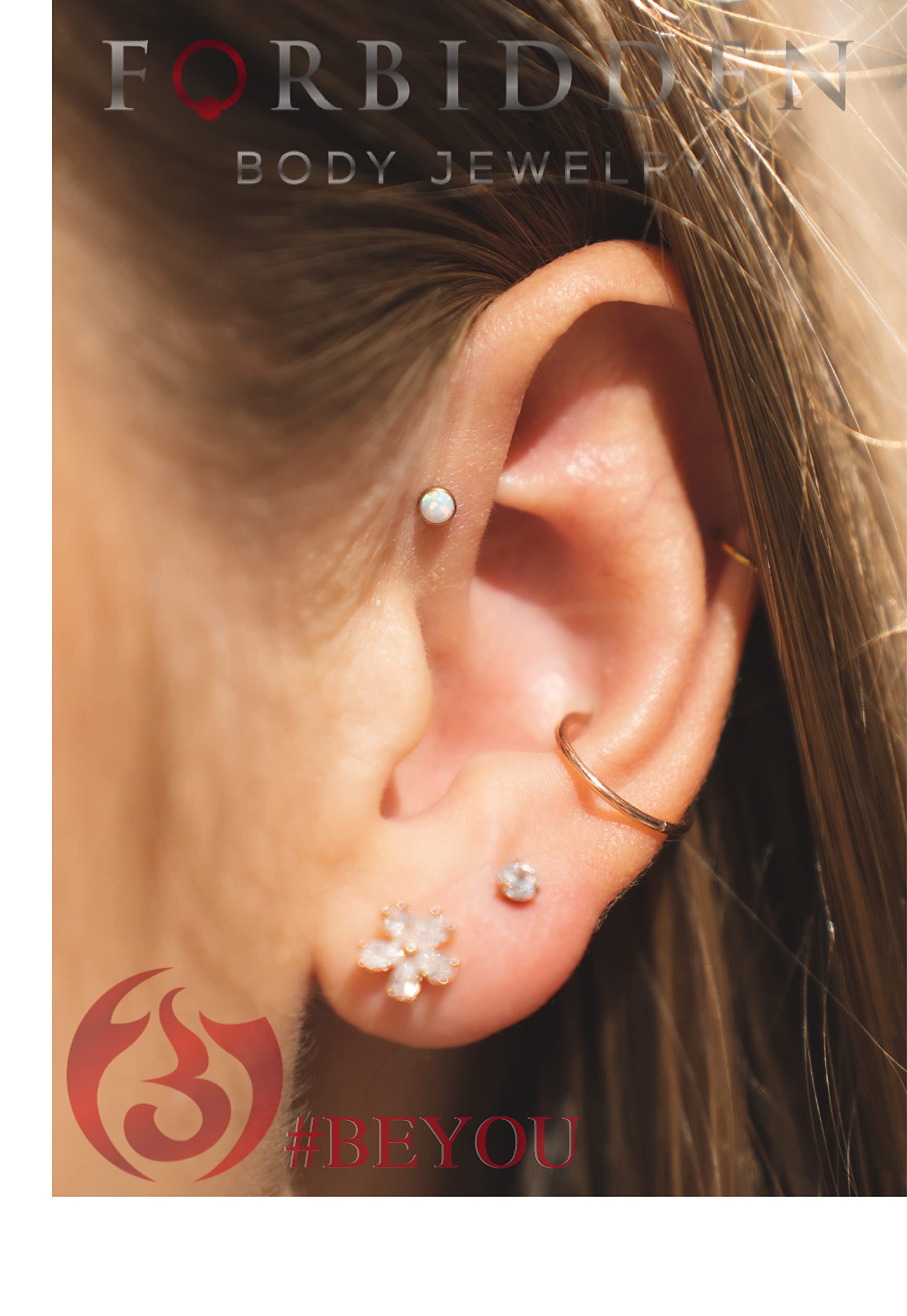 Forbidden Body Jewelry 3-Pack: 16g Surgical Steel Synthetic Blue Opal Cartilage Studs, 3mm/4mm/5mm Opalite