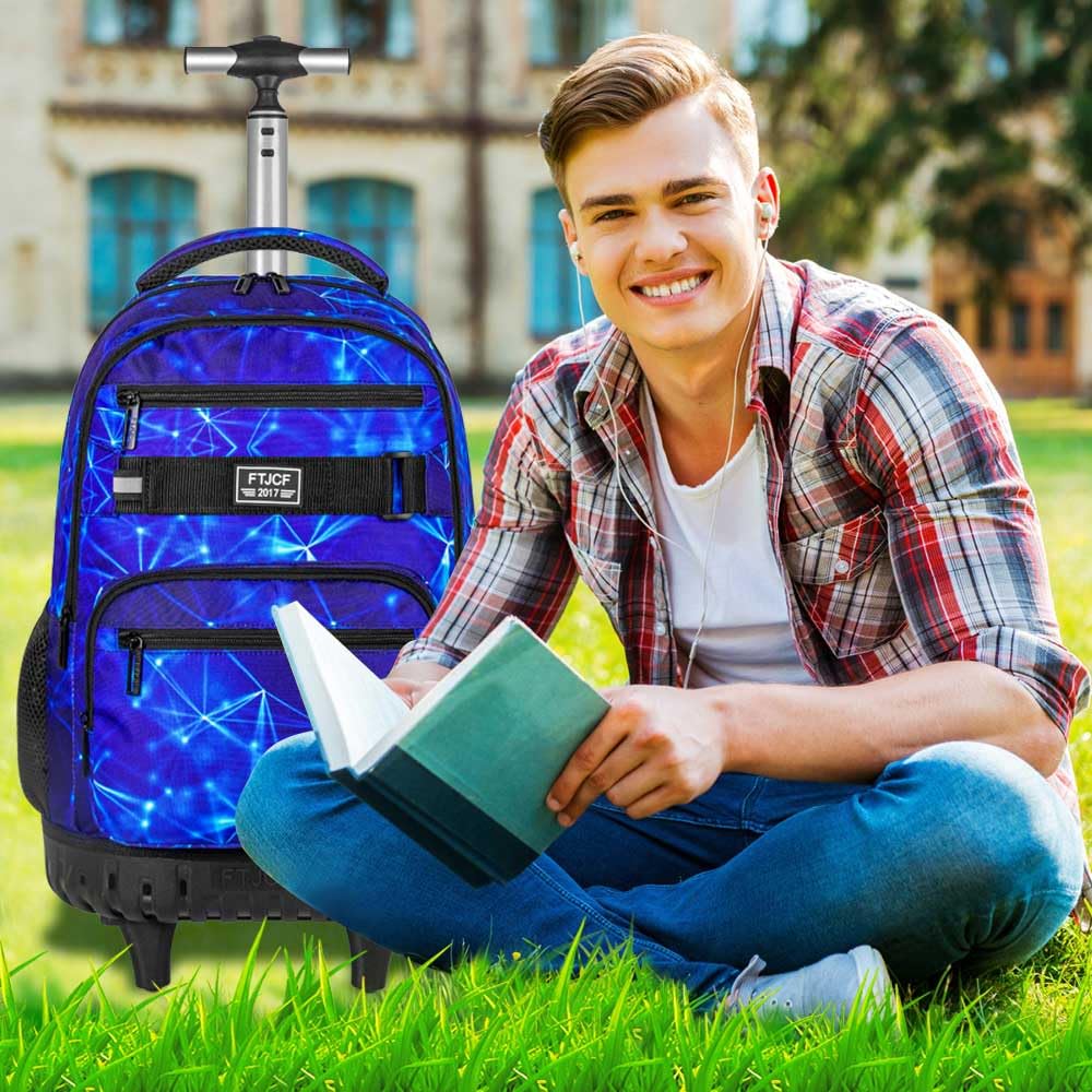 FTJCF 3PCS Rolling Backpack, 19 Inche Roller Bag with Wheels for Adults, Aurora Wheeled Bookbag Set for Men Boys(Blue)