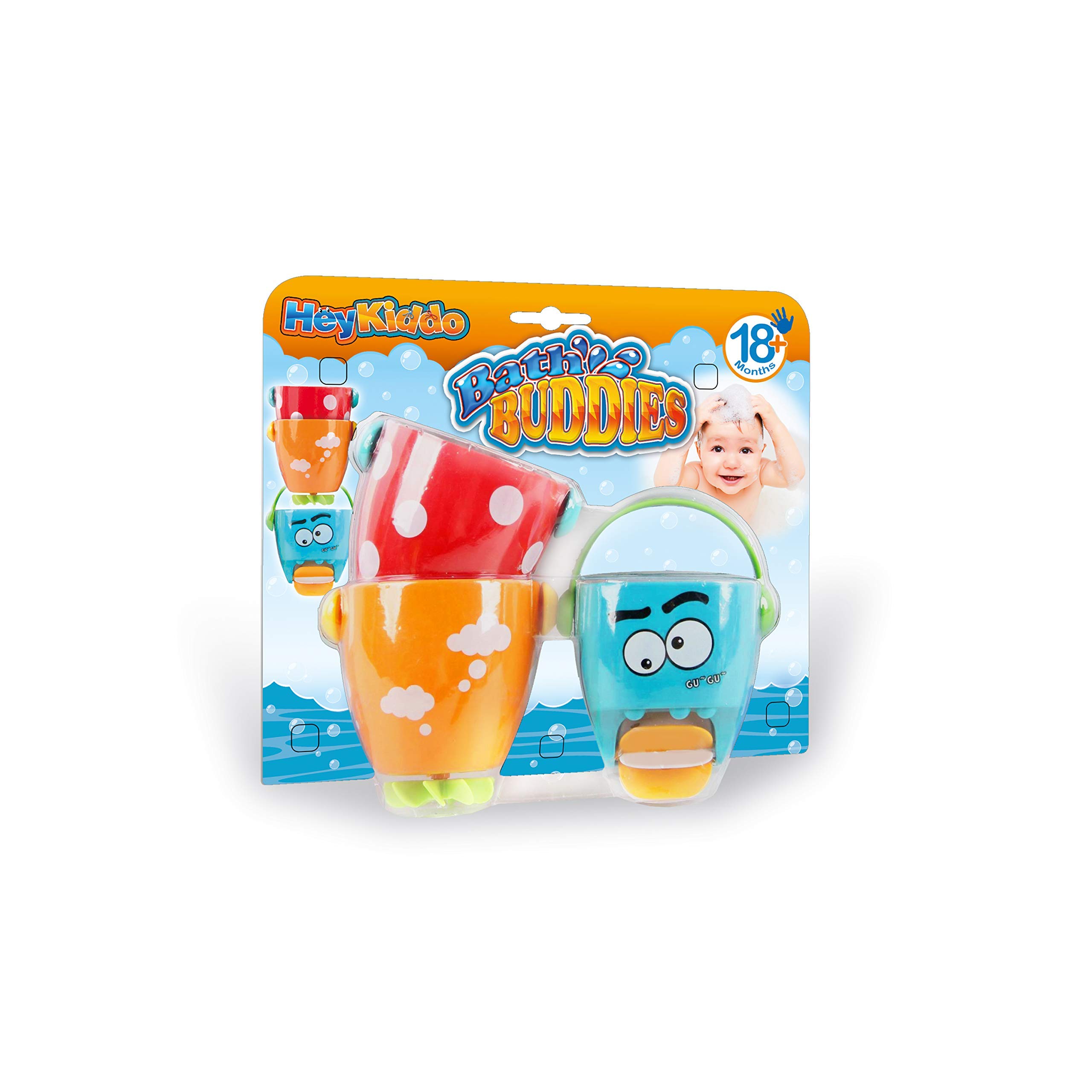 Hey Kiddo Educational Bath Toys Waterfall Bath Stackable Cups with Wheel for Toddlers with Rubber Handles, (3 Pieces)