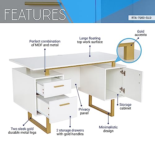 Techni Mobili Storage Drawers and Cabinet 51.25β W-Modern Office Large Floating Desktop Surface Desk, 23.6" D x 51.2" W x 29.8" H, White/Gold