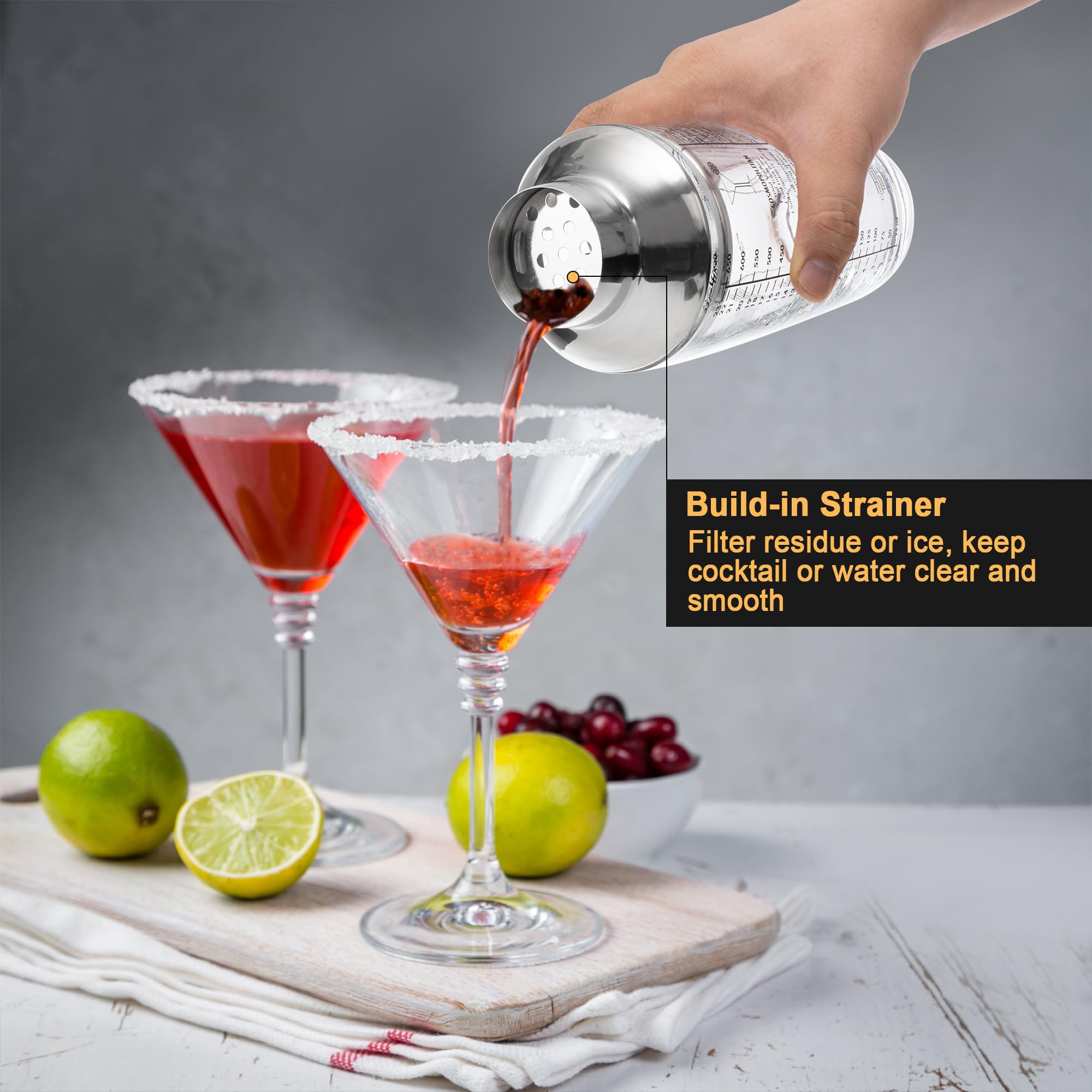 Tiawudi 23oz Glass Cocktail Shaker Set, 4PCS Bartender Kit, Martini Mixer Shaker with Built-in Strainer, Measuring Jigger, Cocktail Muddler & Mixing Spoon, Bar Tool Set for Bartender and Home Use