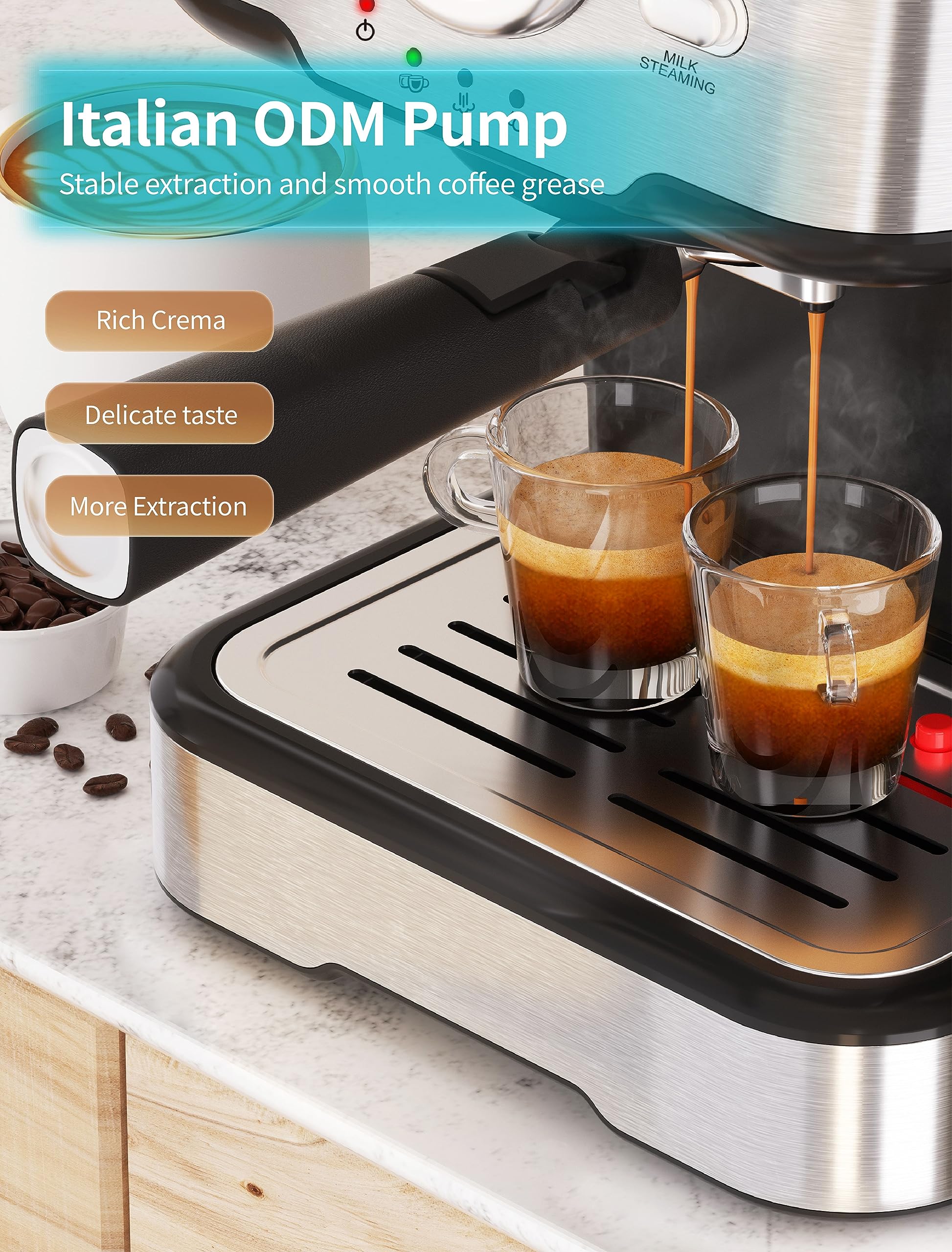 Gevi 20 Bar Compact Professional Espresso Coffee Machine with Milk Frother for Espresso, Latte and Cappuccino Burr Coffee Grinder with 35 Precise Grind Settings, Beige