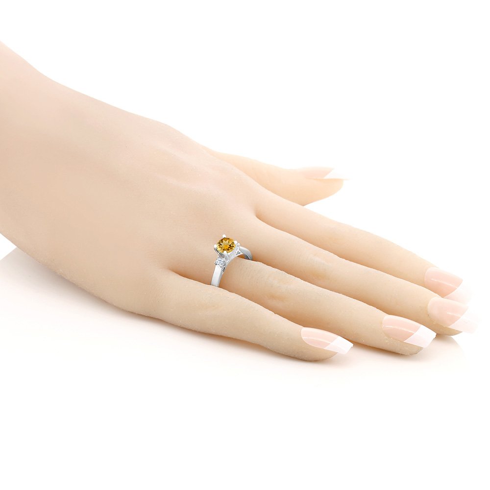 Gem Stone King 925 Sterling Silver Yellow Citrine and White Created Sapphire 3-Stone Engagement Ring For Women (0.90 Cttw, Round 6MM, Gemstone November Birthstone, Size 5)