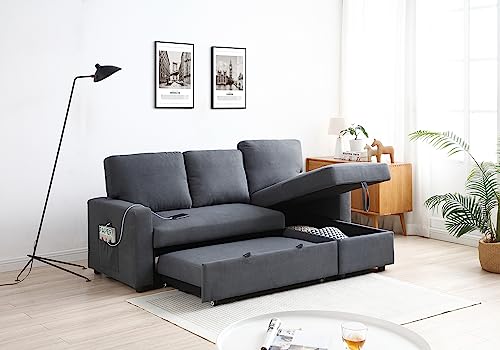 uhome Upholstered Sleeper Sofa with USB Ports sectional Couch Reversible Sofabed, Full XL, Black