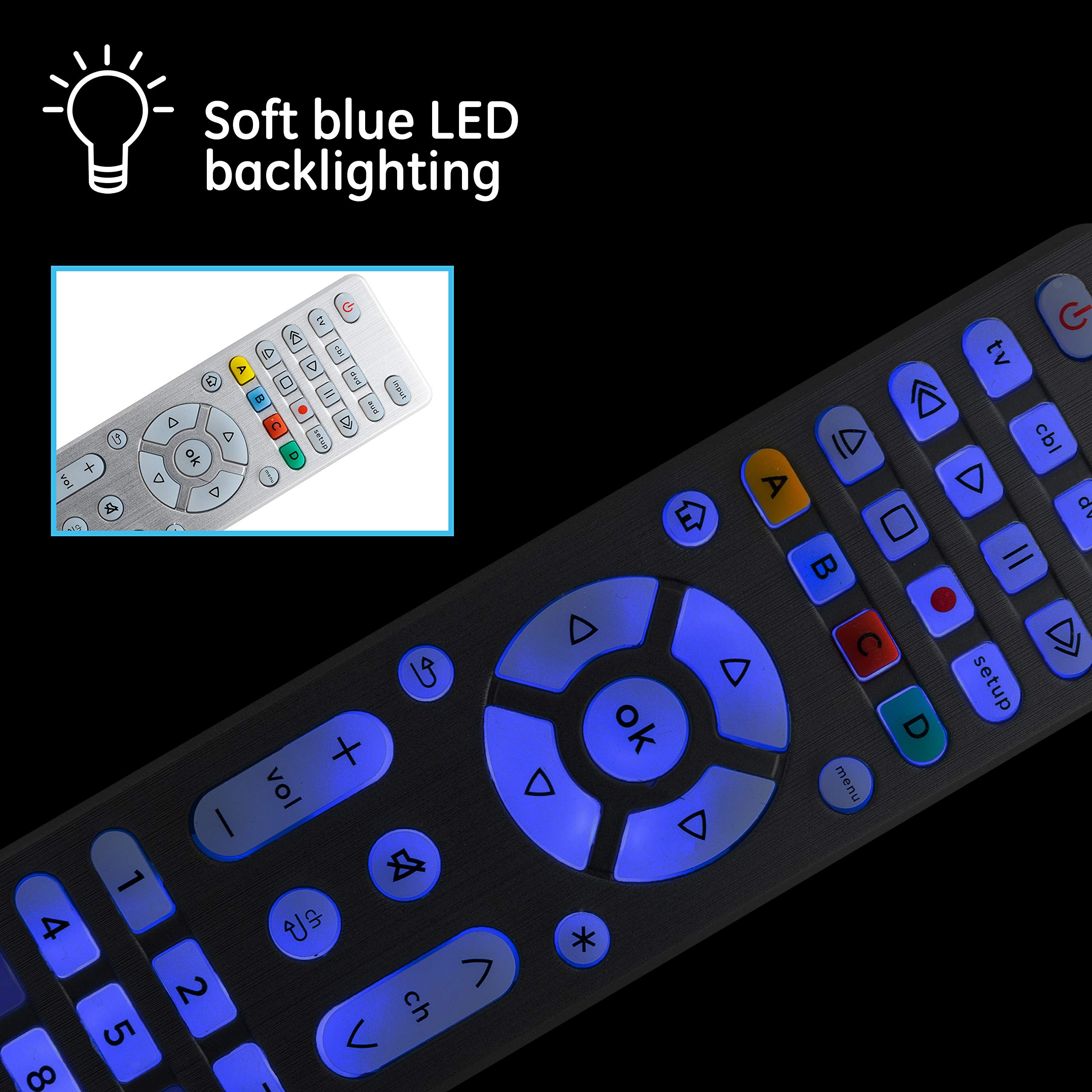 GE Backlit Buttons Universal Remote Control, Samsung TV Remote Control Replacement, Samsung Remote Control for Smart TV, Roku Remote Replacement, Vizio, LG TV, Sony, Apple TV, 4-Device, Silver, 48844