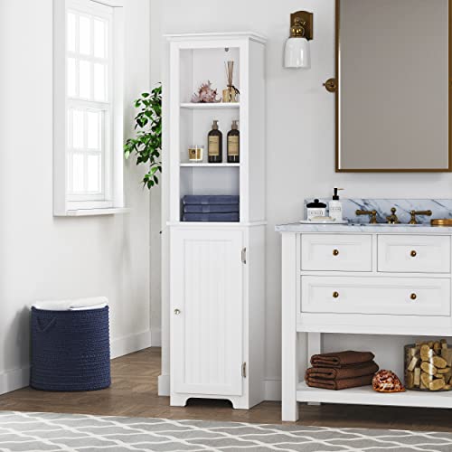 UTEX 64" Freestanding Storage Cabinet, Bathroom Tall Cabinet with Doors and Shelves, Free Standing Linen Tower, Home Storage Furniture,White
