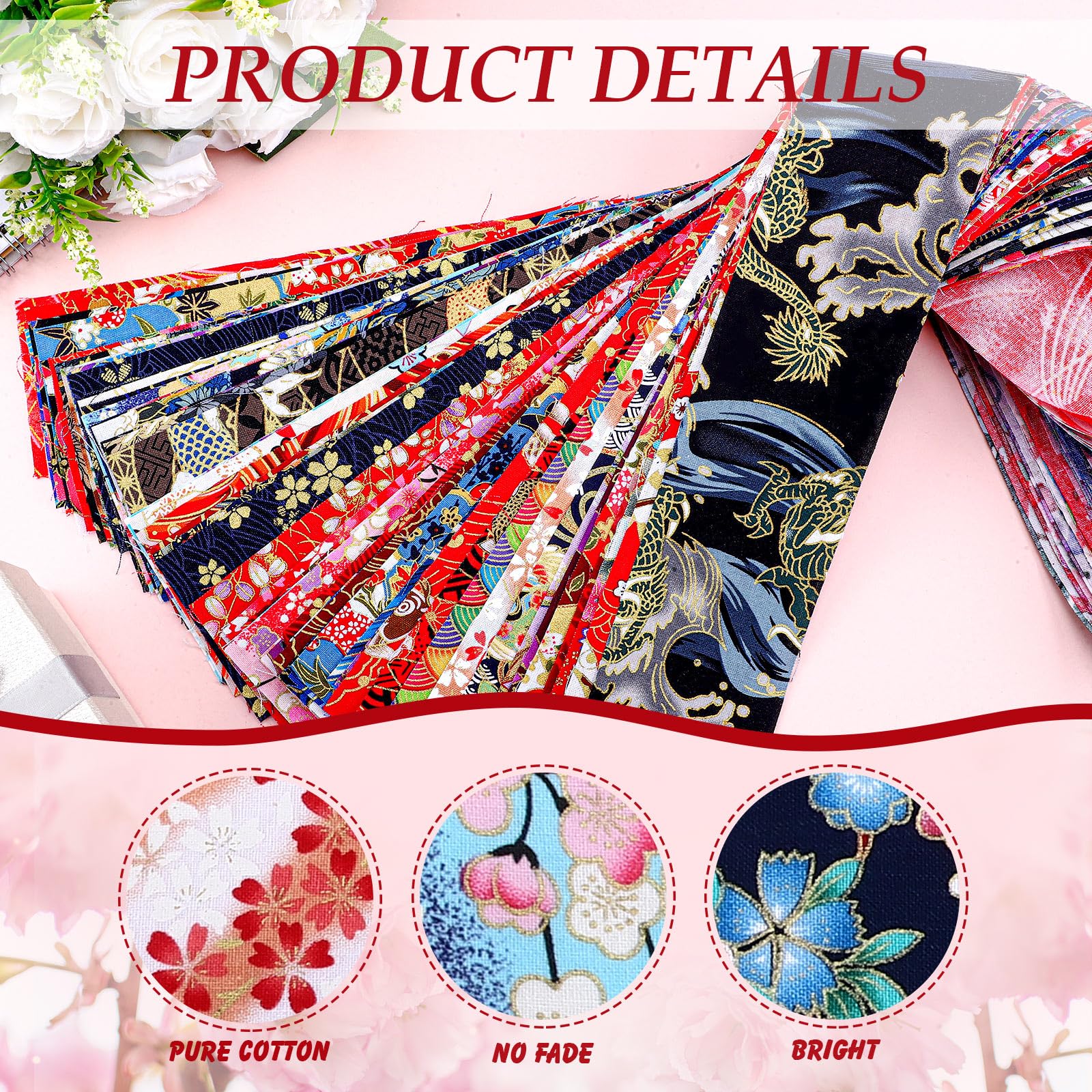 Ganeen 100 Pcs Cotton Fabric Patchwork Quilting Strips 2.56 Inch Precut Patchwork Roll Japanese Style Cotton Fabric Quilting Fabric Strips Craft for DIY Craft Sewing (Aesthetic)
