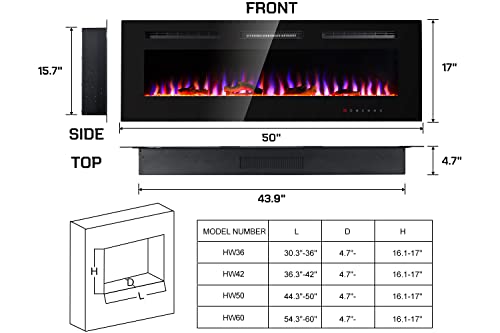 Uthfy 50" Electric Fireplace,1500W Recessed & Wall Mounted Fireplace Heater & Linear Fireplace,6 Flame Colors & 9 Ember Bed Colors,Remote Control,8H Timer,Adjustable Thermostat, Black (HY-HW50)