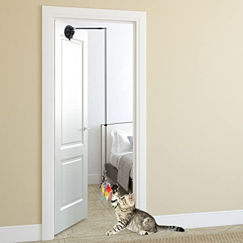 MEWTOGO Hanging Door Cat Toy, Retractable Interactive Cat Feather Toys with Super Suction Cup and 5 Replaceable Feathers, Suction Window Cat Teaser Toy for Indoor Cats Kitten Play Chase Exercise