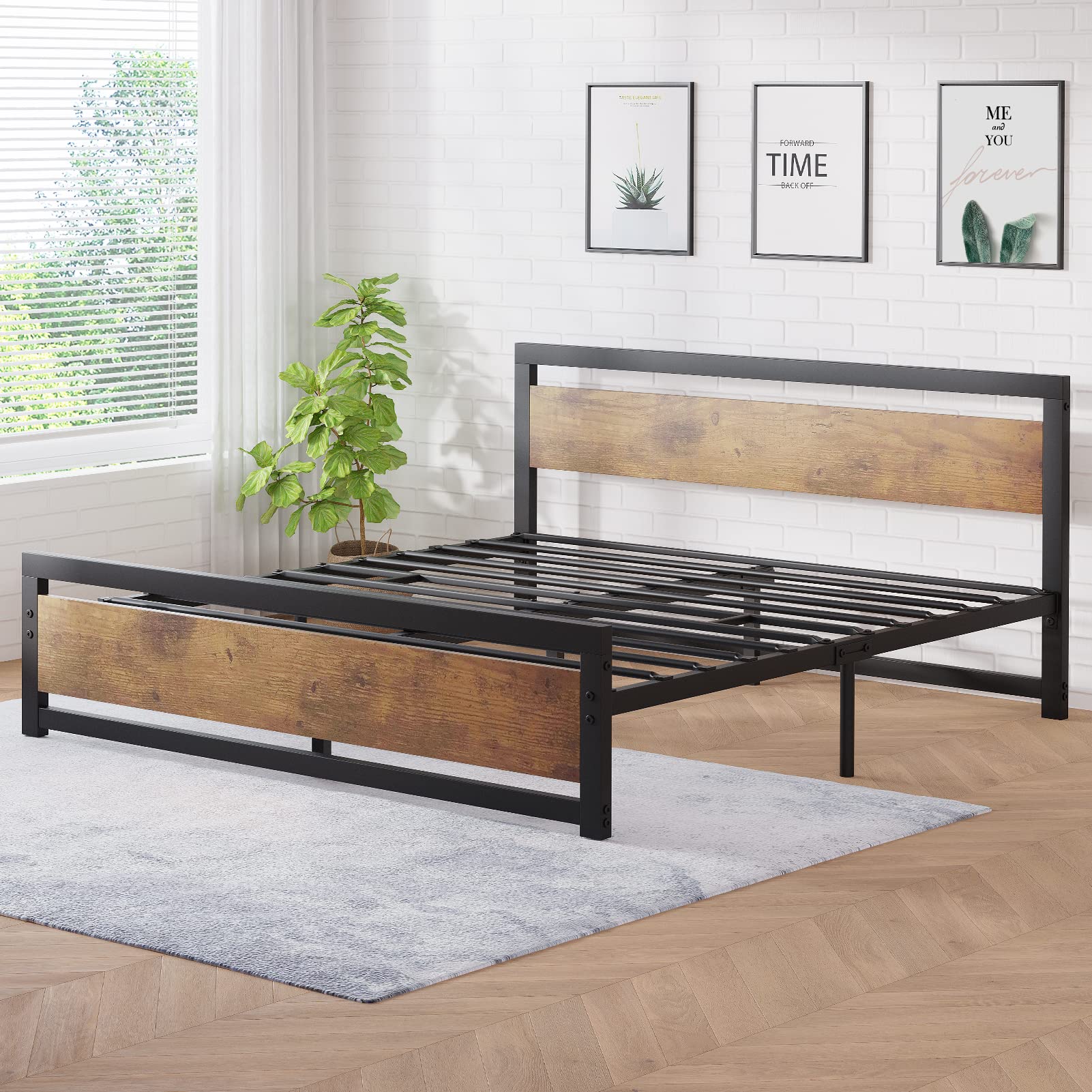 GAOMON King Size Bed Frame with Wooden Headboard, Industrial King Bed Platform Frame with Heavy Duty Steel Slat, No Box Spring Needed Easy to Assemble 14 inch Mattress Foundation - King