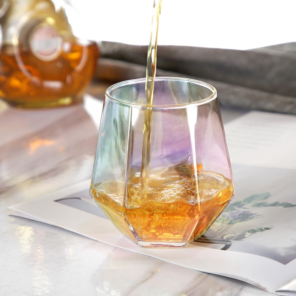 Glitzibles Premium Cube Glass Cup Set - Stemless Wine Glass Set of 2 (10 Oz) - Iridescent Glassware Gift for Wine Lovers - Diamond Rainbow Glasses for White Wine, Red Wine, and Bourbon