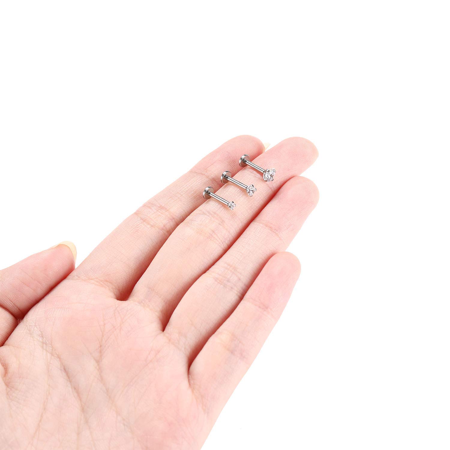 GAGABODY Forward Helix Earring 2/3/4mm Cubic Zirconia 3pcs G23 Titanium 16G 8mm Internally Threaded Labret Cartilage Tragus Monroe Lip Studs Piercing