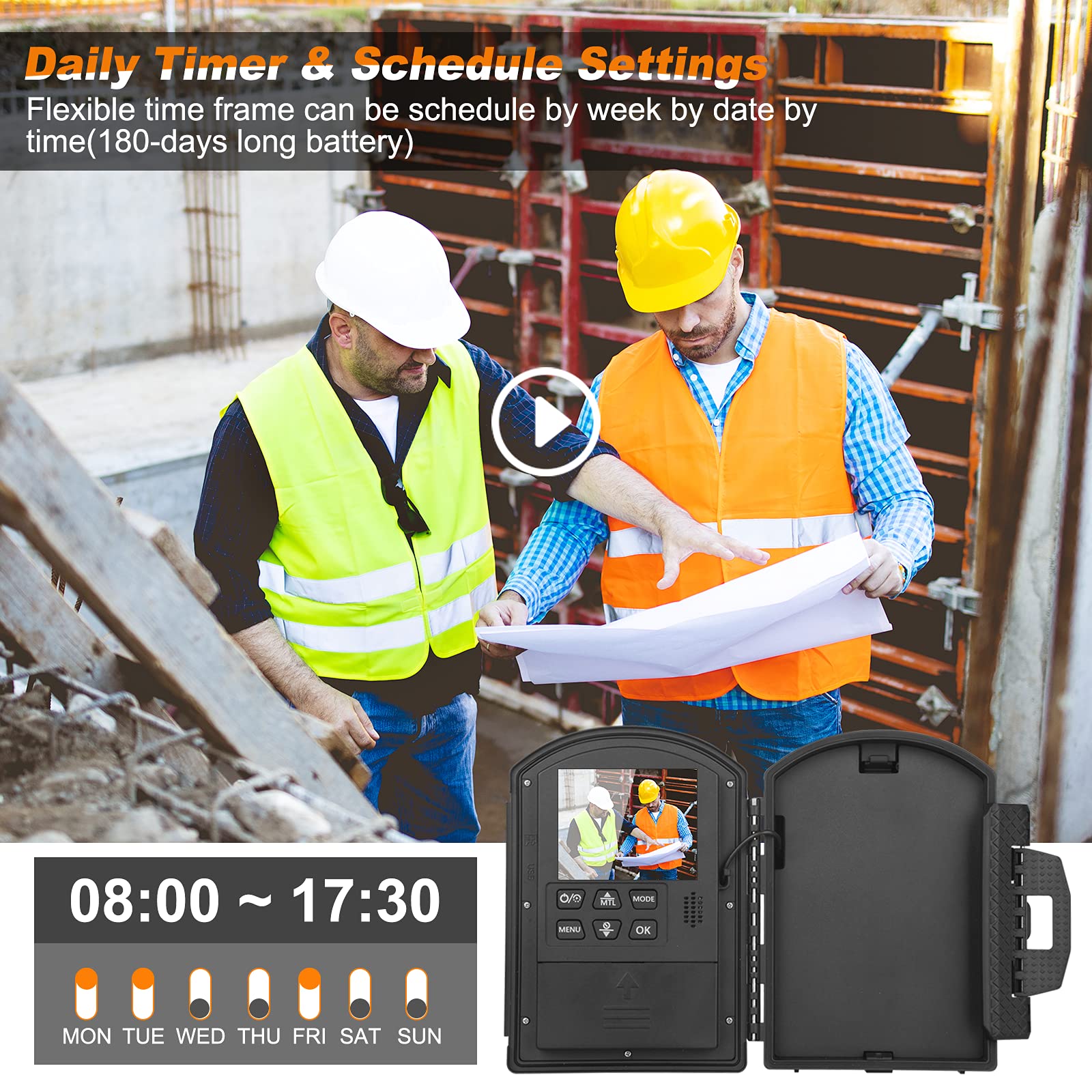 GOWWPUN Time Lapse Camera Construction - Outdoor Security Timelapse Camera Perfect for Construction Outdoor,Working at Home,School,Tourism Record,2.4''LCD,120° Angle View,IP66 Waterproof