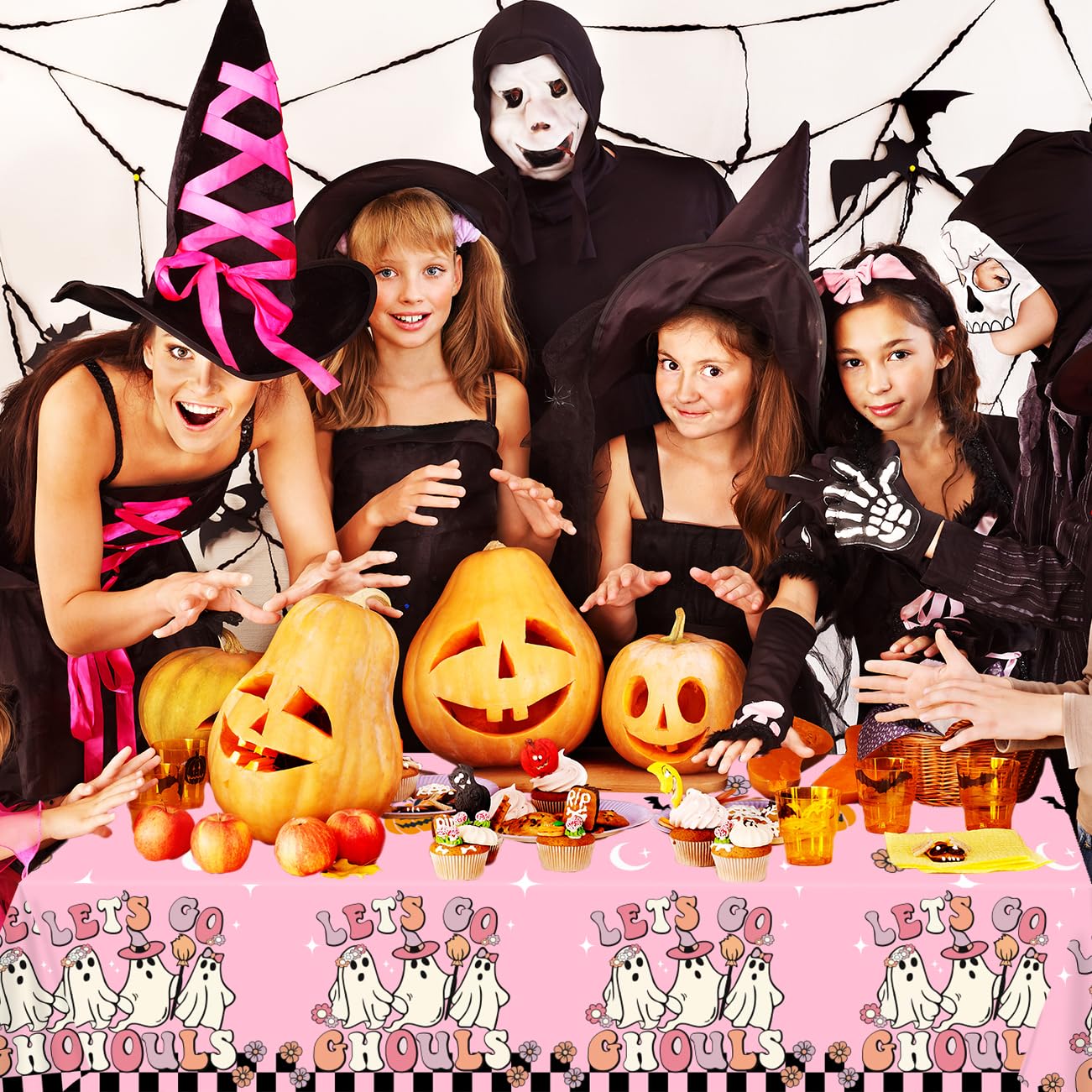 Pink Halloween Decorations Halloween Tablecloth Cute Ghost Let’s go Ghouls Pumpkin Table Cover for Halloween Party Spooky Theme Disposable Plastic Table Cloth for Halloweens Table Decor
