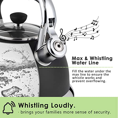 Rorence Stainless Steel Whistling Tea Kettle: 3.5 Quart Tea Pot with Capsule Bottom & Glass Lid for Stovetop - Black