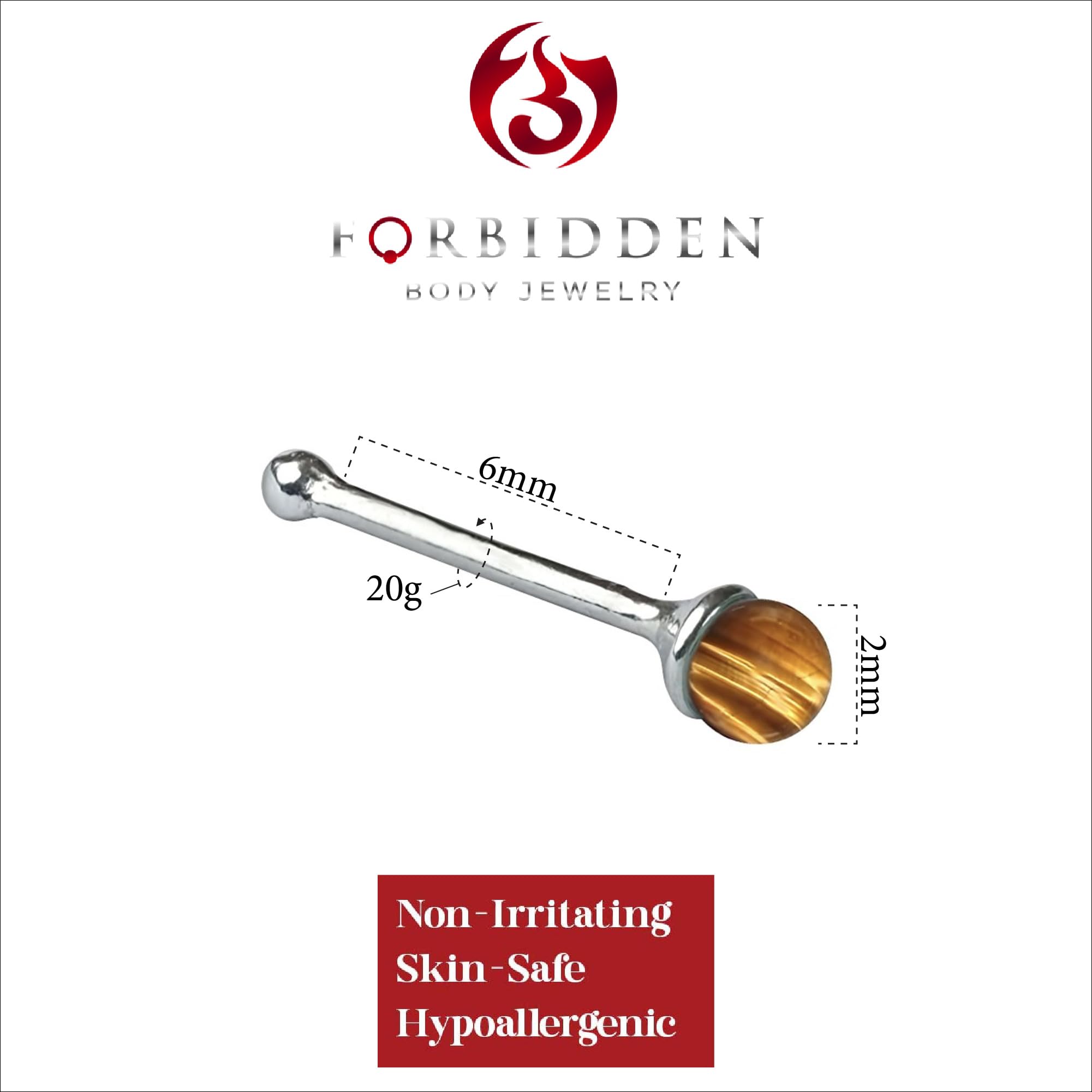 Forbidden Body Jewelry 20g Surgical Steel Tiger's Eye Semi Precious Stone Straight Nose Stud Ring
