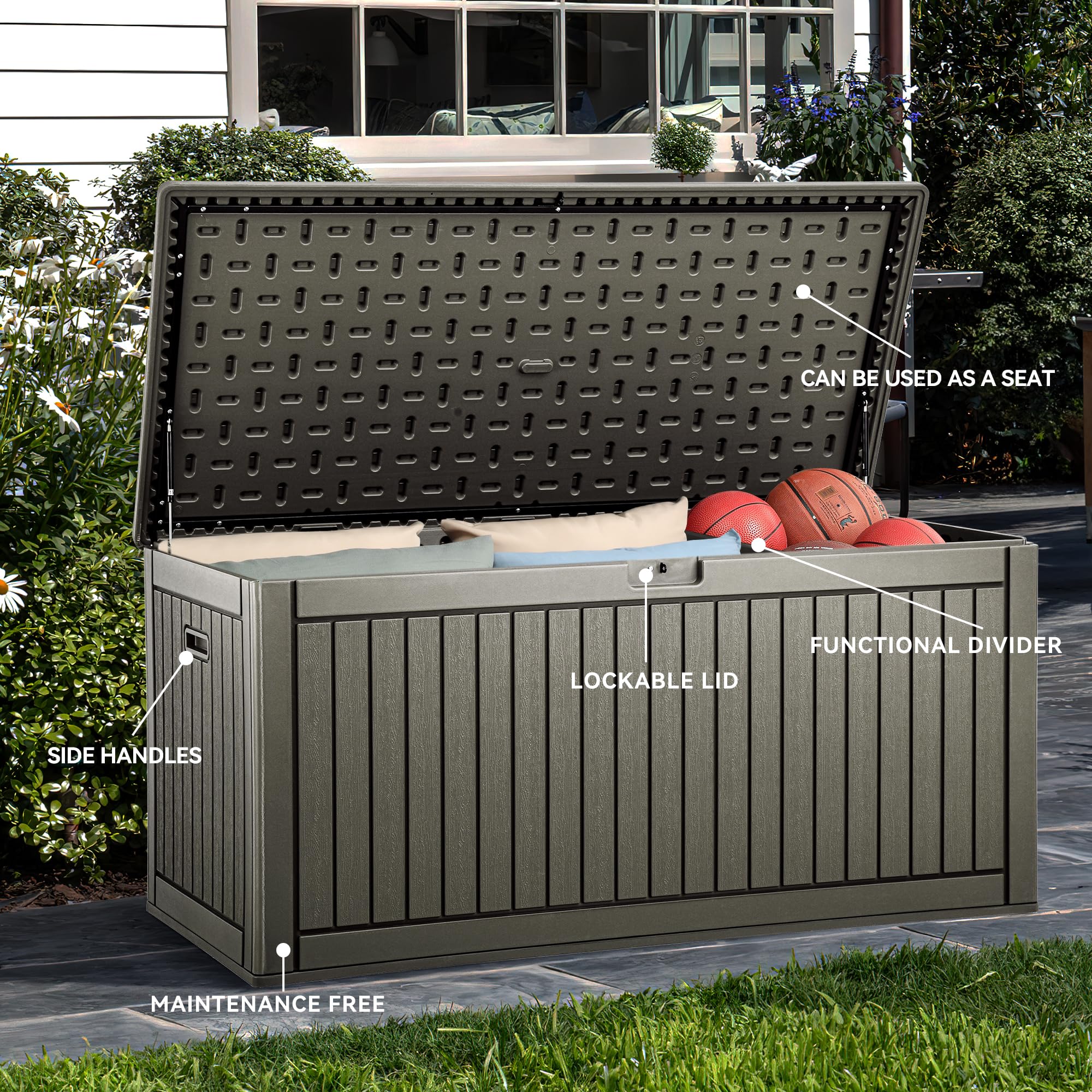 YITAHOME 260 Gallon Double-Wall Deck Box with Divider & Side Handles, Outdoor Large Storage for Patio Furniture Cushions, Garden Pool Accessories, Water Resistant & Lockable