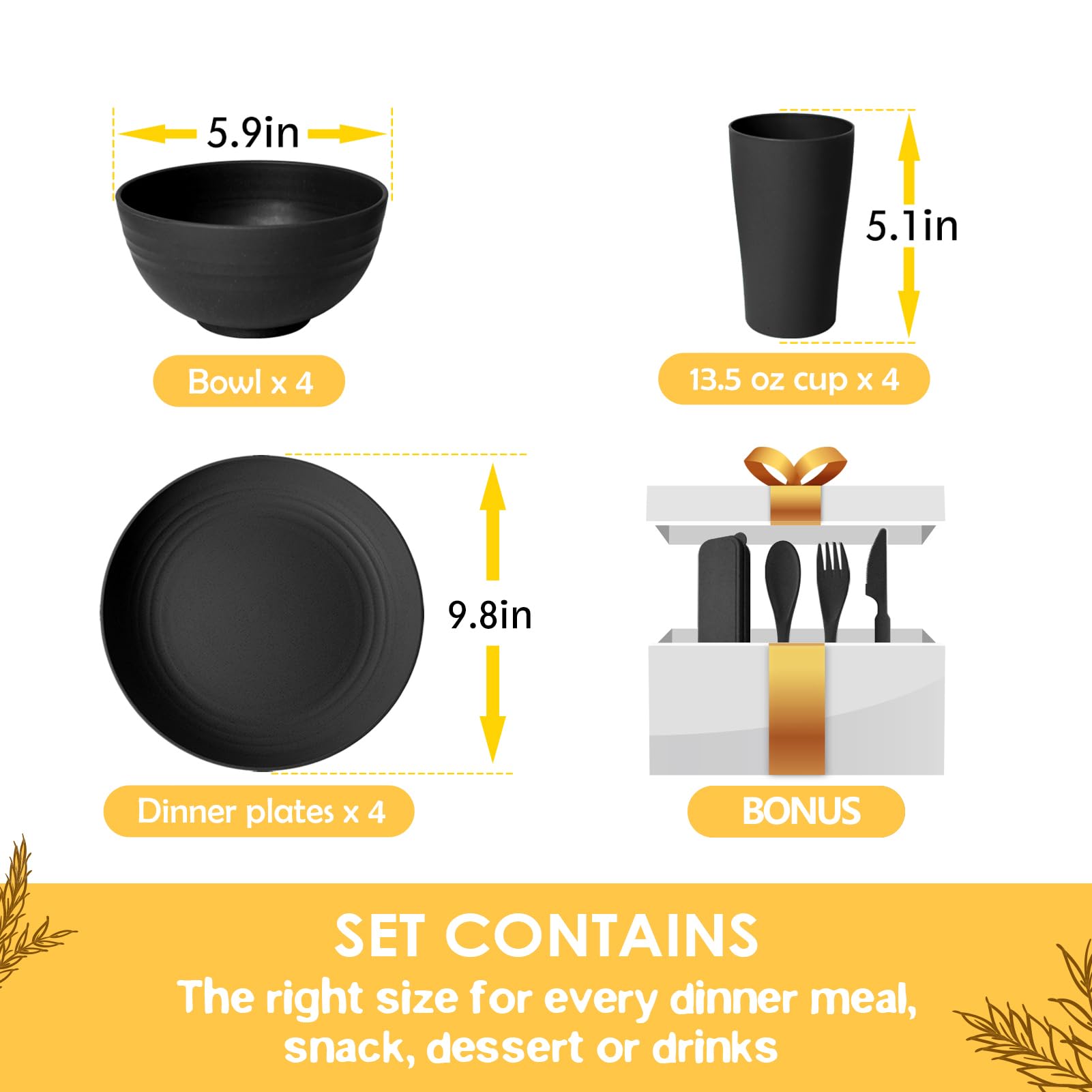 Teivio 12-Piece Kitchen Plastic Flat Wheat Straw Dinnerware Set, Service for 4, Dinner Plates, Cereal Bowls, 20oz Cups, Unbreakable Plastic Outdoor Camping Dishes, Black Matte