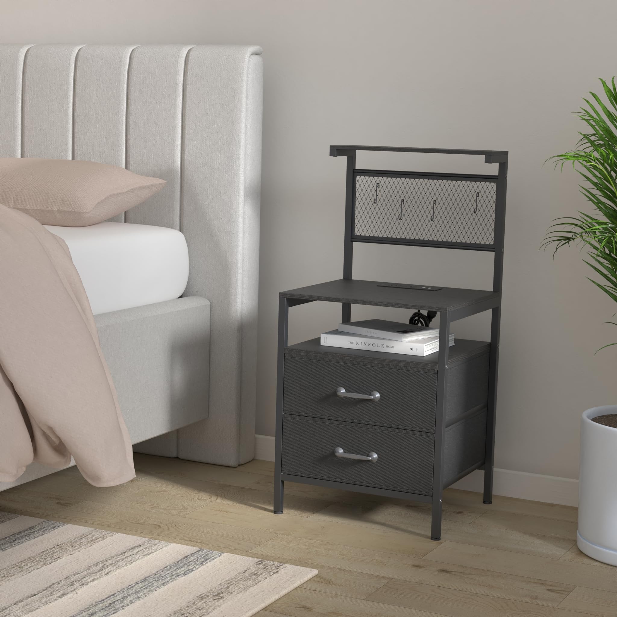 TRIFEBLE Tall Nightstand Set of 2 with Charging Station and LED Lights, Night Stand with Fabric Drawers, Bedside Table 36.4 Inch with Storage Shelves, Side Table, Mesh Shelves with Hooks, Rustic Brown