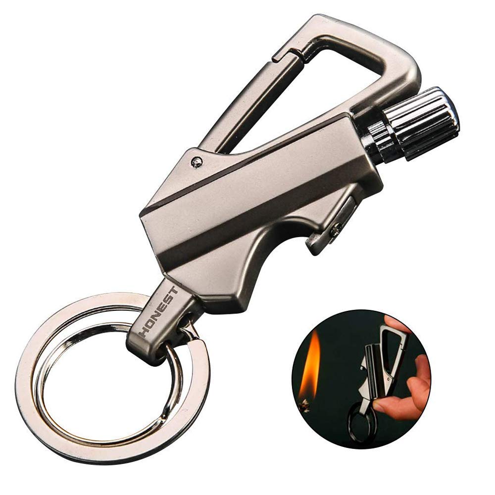 GOLDNCONN Flint Metal Permanent Match Fire Starter and Bottle Opener Car Keychain Kerosene Fillable Lighter Gift Male Female Outdoor(Kerosene not Include) (Silver)