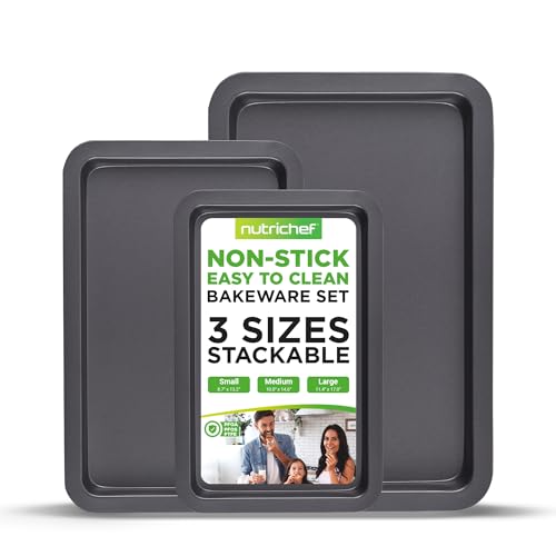 NutriChef 3-Piece Nonstick Oven Cookie Sheets for Baking - Heavy Duty Carbon Steel Baking Sheet Pans Set - Large, Medium, and Small Sized Baking Tray - Dishwasher Safe, Black
