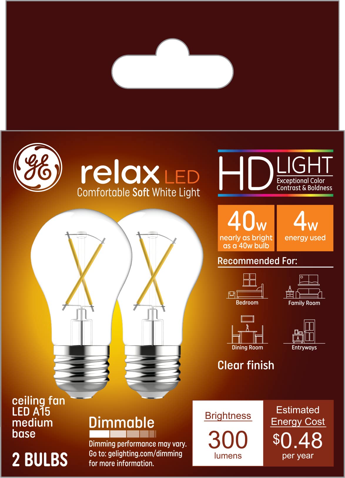 GE Lighting Relax LED Ceiling Fan Light Bulbs, 4 Watt (40 Watt Equivalent) Soft White HD Light, Medium Base, Dimmable (2 Pack)