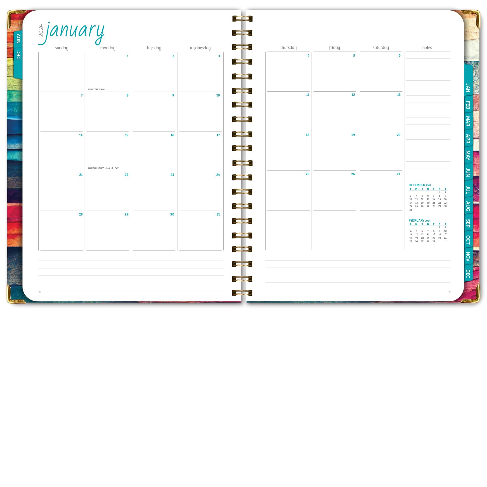 Global Printed Products, HARDCOVER 2024 Planner: (November 2023 Through December 2024) 8.5"x11" Daily Weekly Monthly Planner Yearly Agenda Bookmark, Pocket Folder & Sticky Note Set (Rainbow Oak)