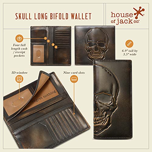 House of Jack Co. SKULL Long Wallet For Men | Full Grain Leather with Hand Burnished Finish | Long Bifold Wallet | Rodeo Wallet | Biker Gift