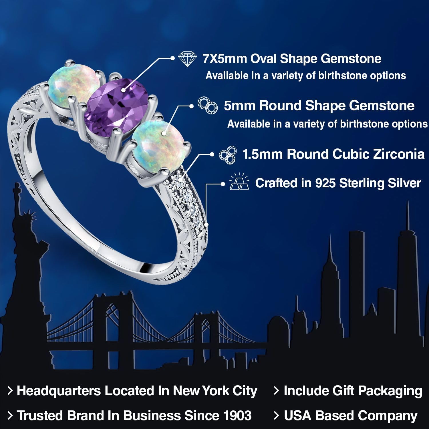 Gem Stone King 925 Sterling Silver Purple Amethyst and White Simulated Opal Women Ring (1.88 Ct Oval Gemstone Birthstone) (Size 9)