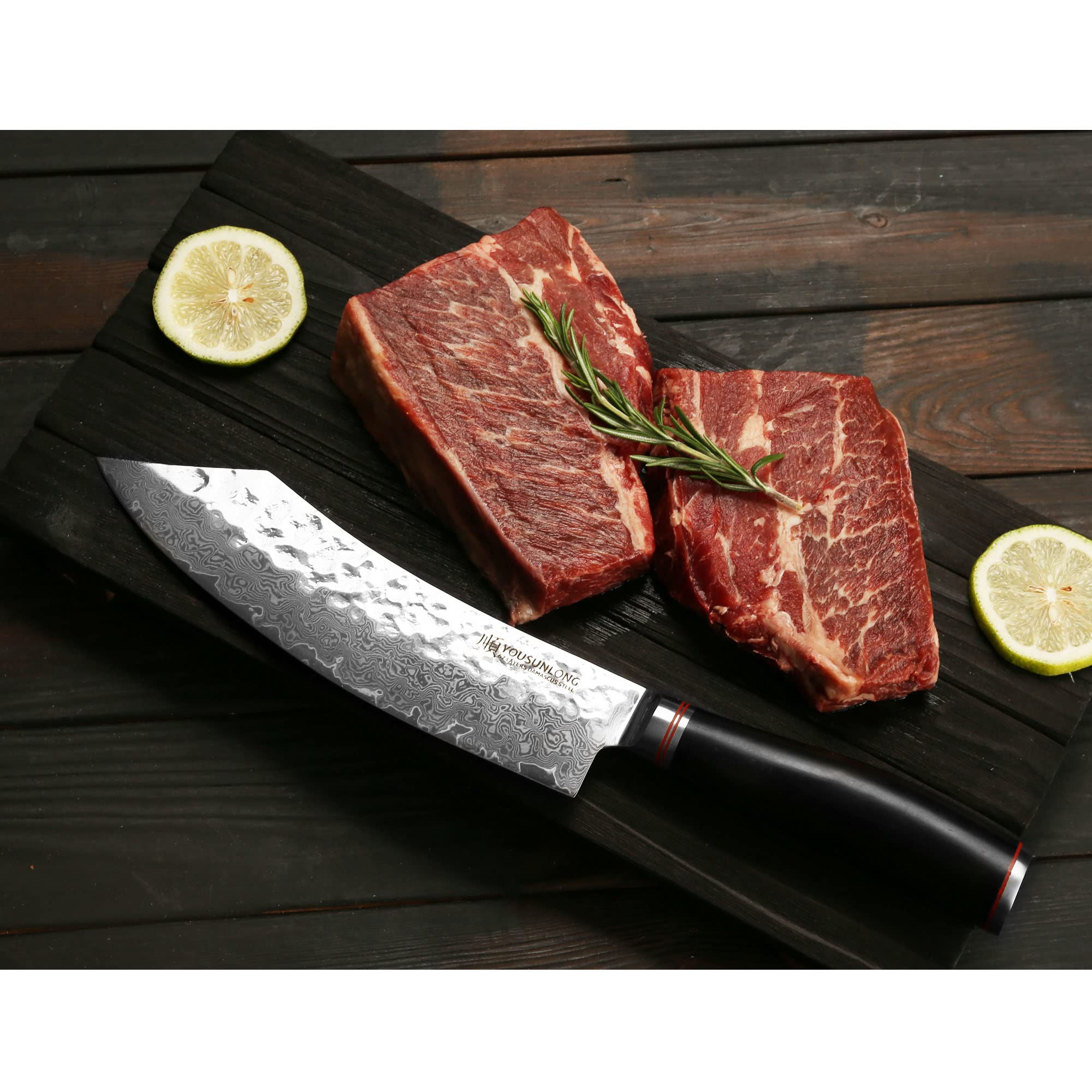 YOUSUNLONG Butcher Knife Pro 10" Cimitar Hybrid Cleaver Japanese Hammered Damascus Steel Razor Sharp - Natural Leadwood Handle