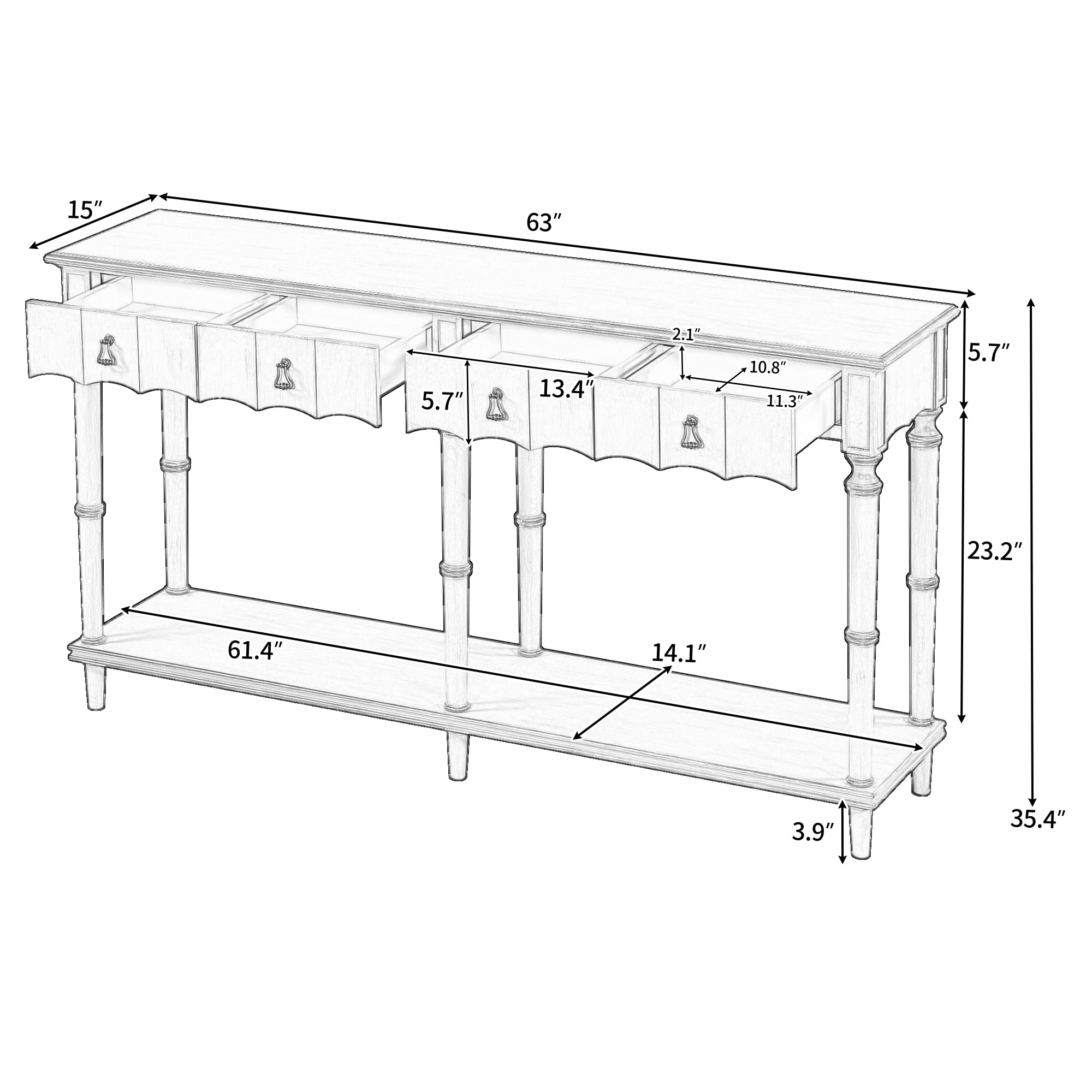 Fuhomtre Modern Console Table with Drawers, Sofa Table, Black Wood Entryway Table, for Couch Hallway Living Room Bedroom Foyer with 4 Front Facing Storage Drawers and 1 Sh