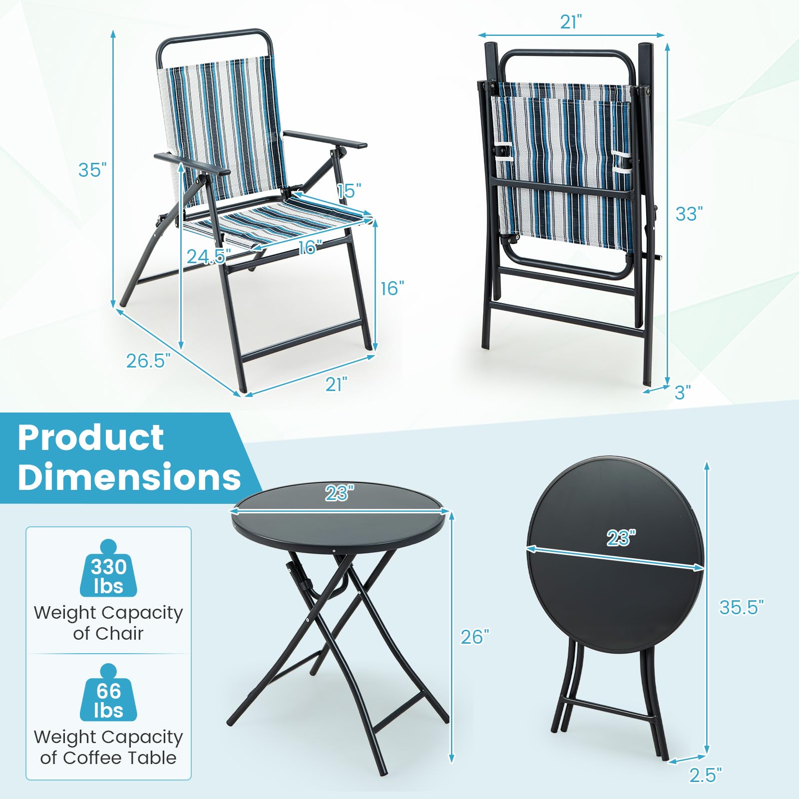 Tangkula 3 Piece Outdoor Folding Chair Set, 2 Folding Chairs with Folding Table, Heavy-Duty Metal Frame, Outdoor Dining Chair Set, Portable Patio Bistro Set for Backyard, Poolside, Balcony
