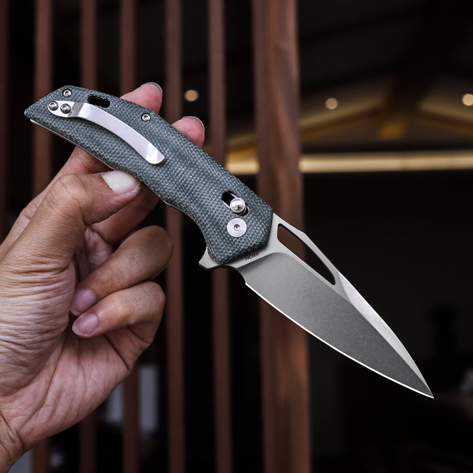 TRIVISA Folding Pocket Knife for Men EDC,3.38in Black 14C28N Steel Blade,Axis Lock Micarta Handle with Clip,Camping Hunting Outdoor Knives,Vela-04B