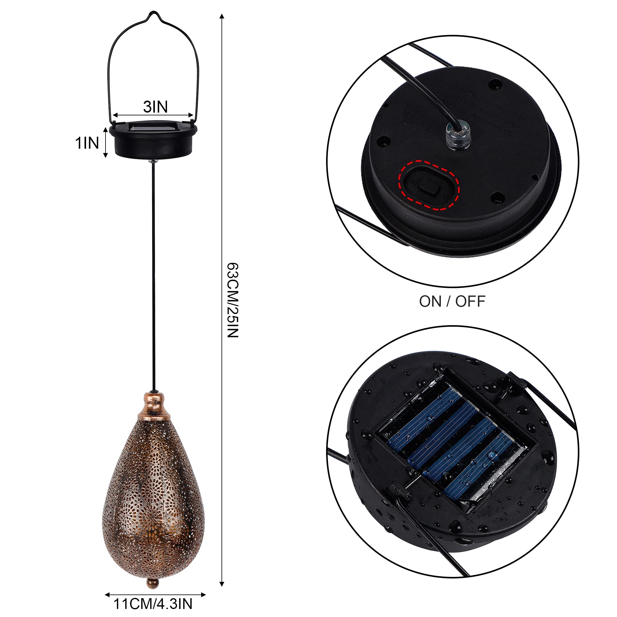 MAGGIFT 2 Pack Solar Hanging Lights, Solar Powered Decorative Retro Lantern with Handle, Warm White LED Christmas Garden Boho Flower Lights, Metal Drop Shape Waterproof Outdoor Yard Tree Fence Patio