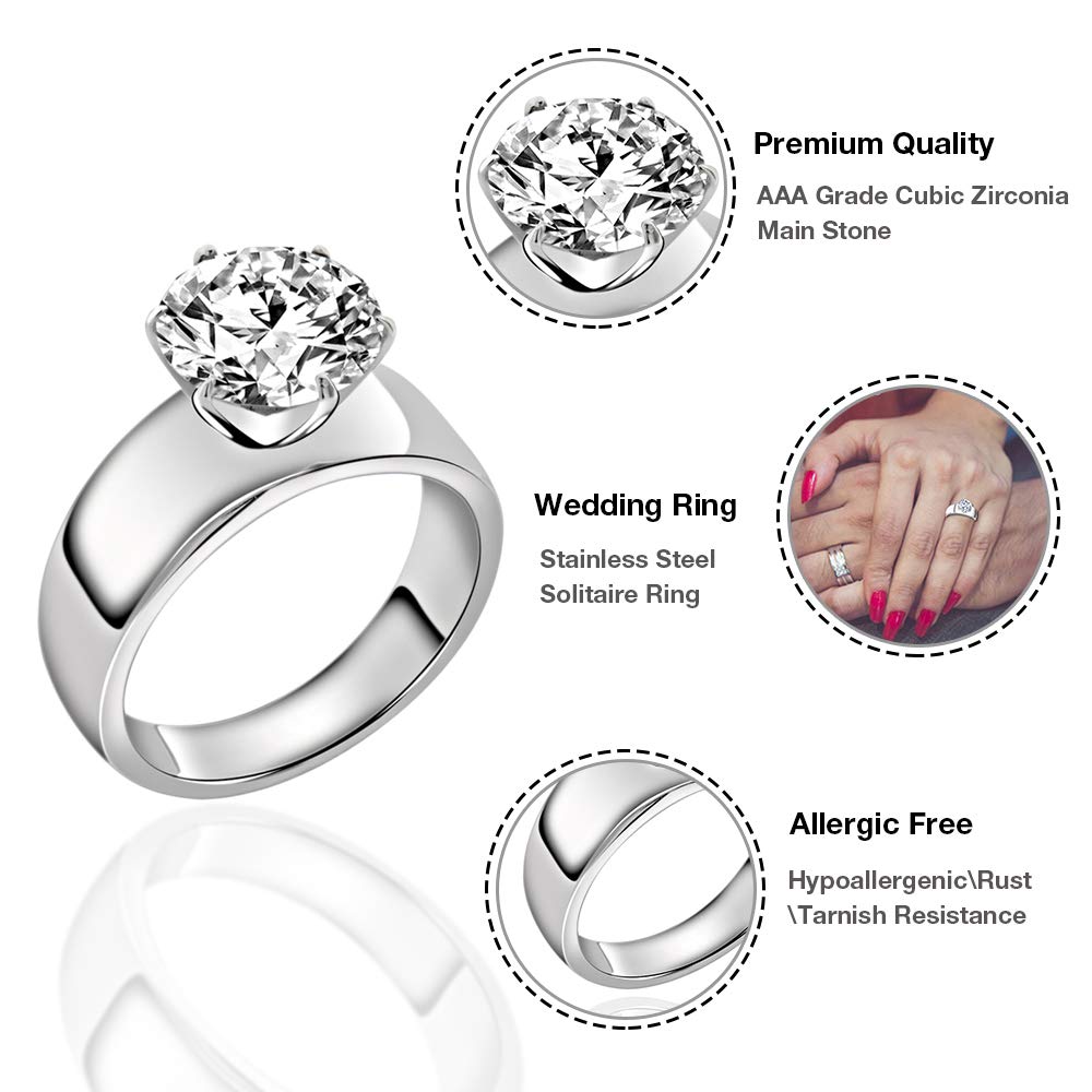 FlameReflection Stainless Steel 4 Carat Round Cubic Zirconia CZ Engagement Women Wedding Solitaire Promise Bands Ring size 6