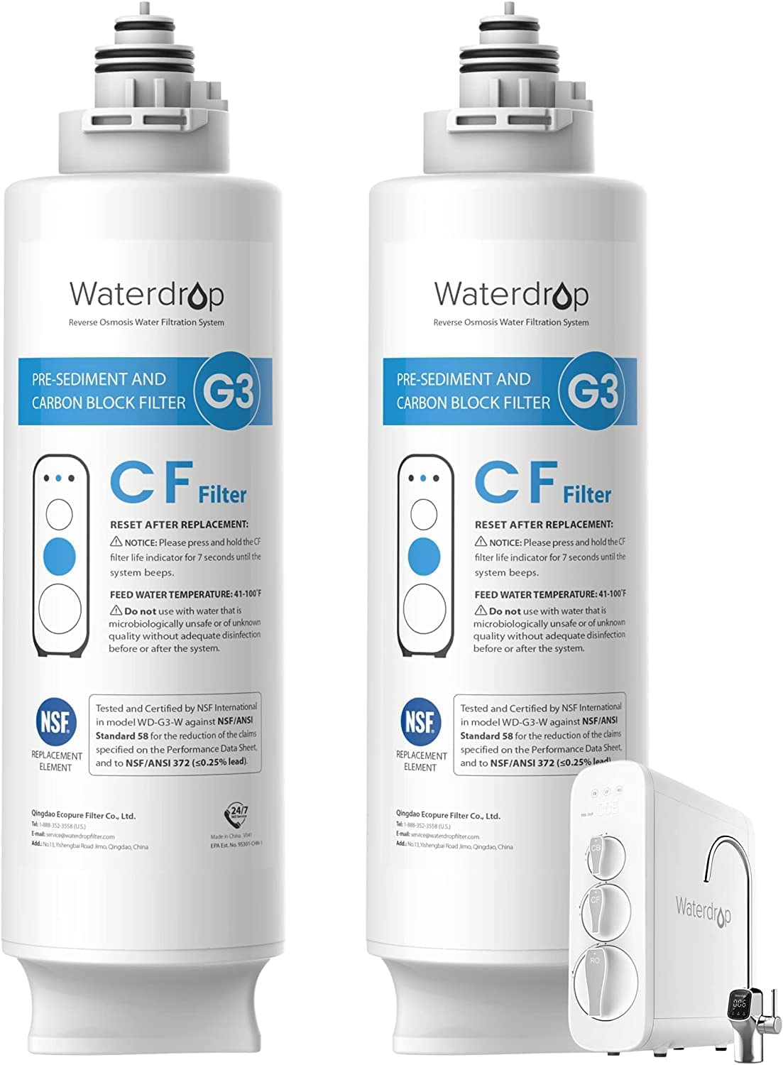 Waterdrop WD-G3-CF Filter, Replacement for WD-G3-W, WD-G3P600 and WD-G3P800-W Reverse Osmosis System, 6-month Lifetime, 2-Pack