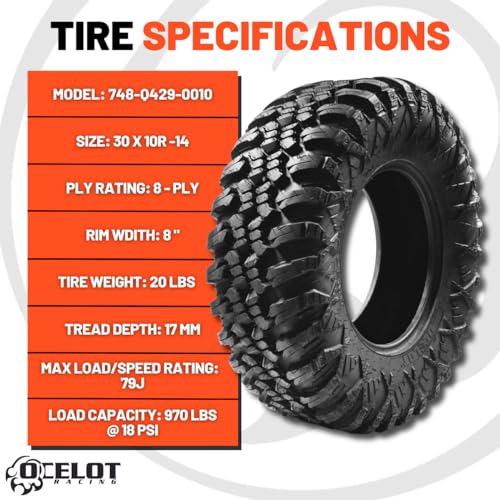 Ocelot Aurora 30x10x14 UTV Tires All Terrain, Durable 8-Ply Radial Construction and Non-Directional Tread, Thick Lugs for Diverse Terrain and Conditions - 30x10x14 UTV Tire